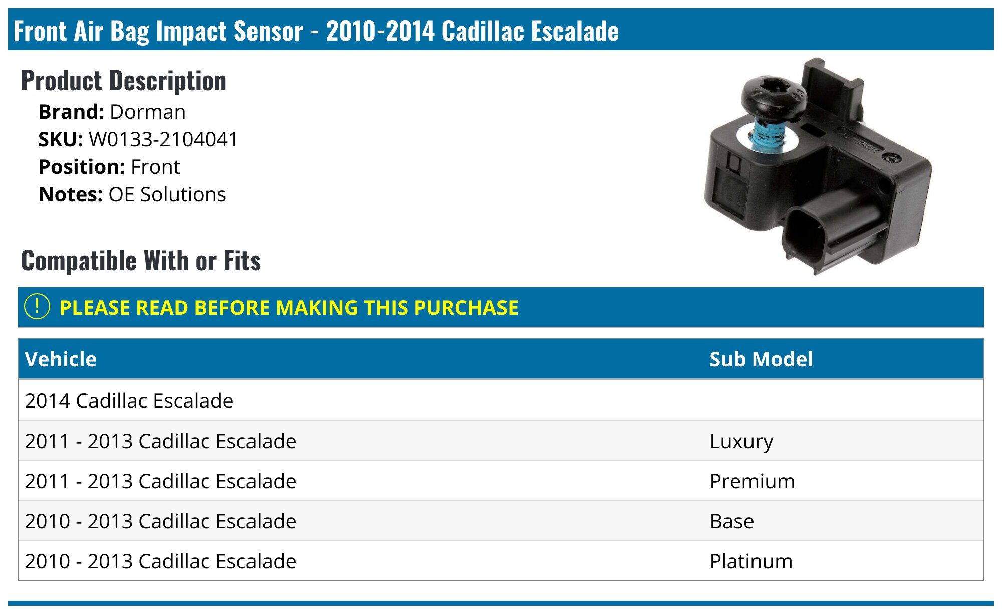 2010-2014 Cadillac Escalade Air Bag Impact Sensor - Dorman W0133 ...