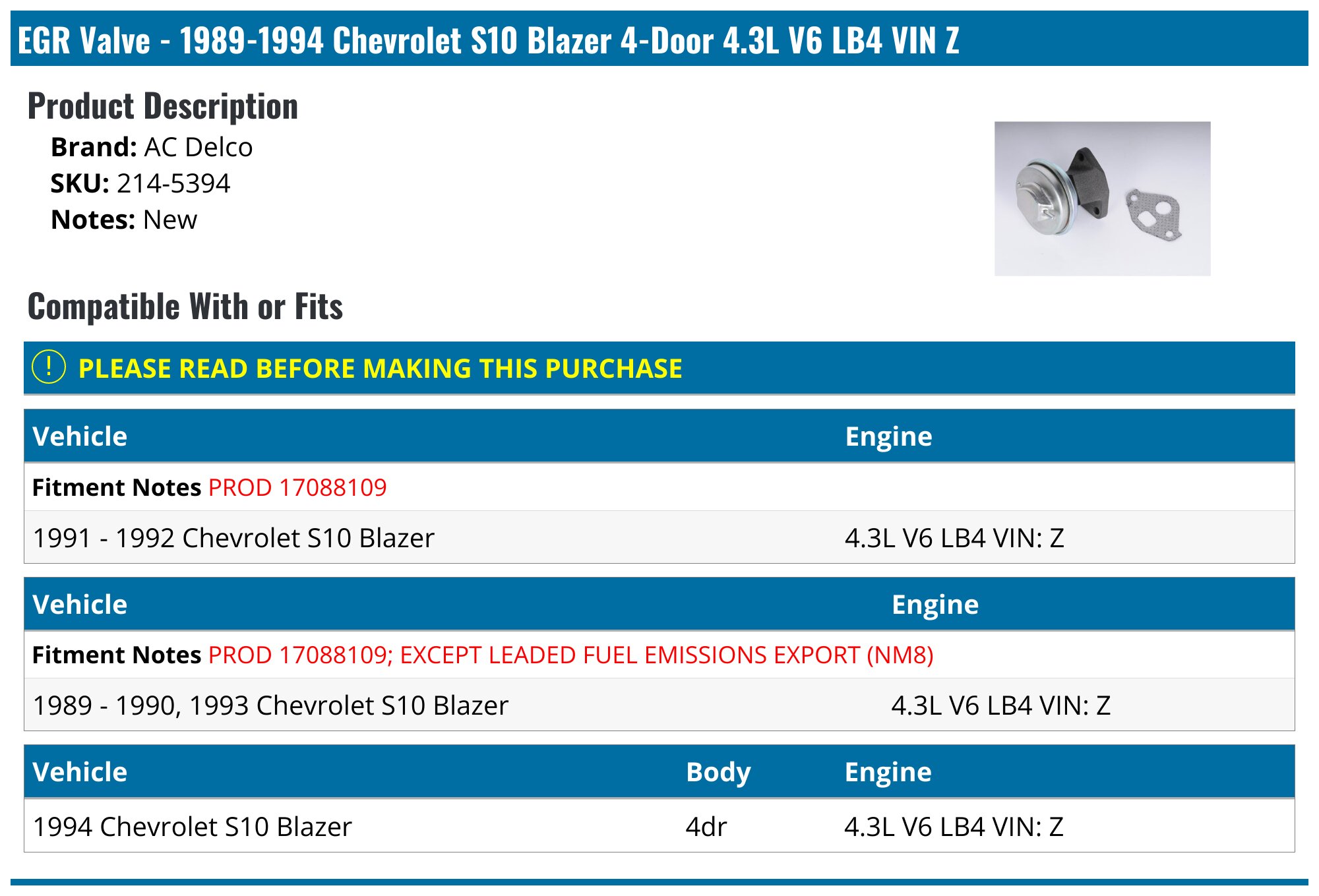 1989-1994 Chevrolet S10 Blazer EGR Valve - AC Delco 214-5394 ...