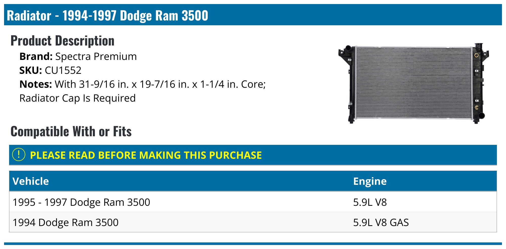 1994-1997 Dodge Ram 3500 Radiator - Spectra Premium CU1552 - PartsGeek.com