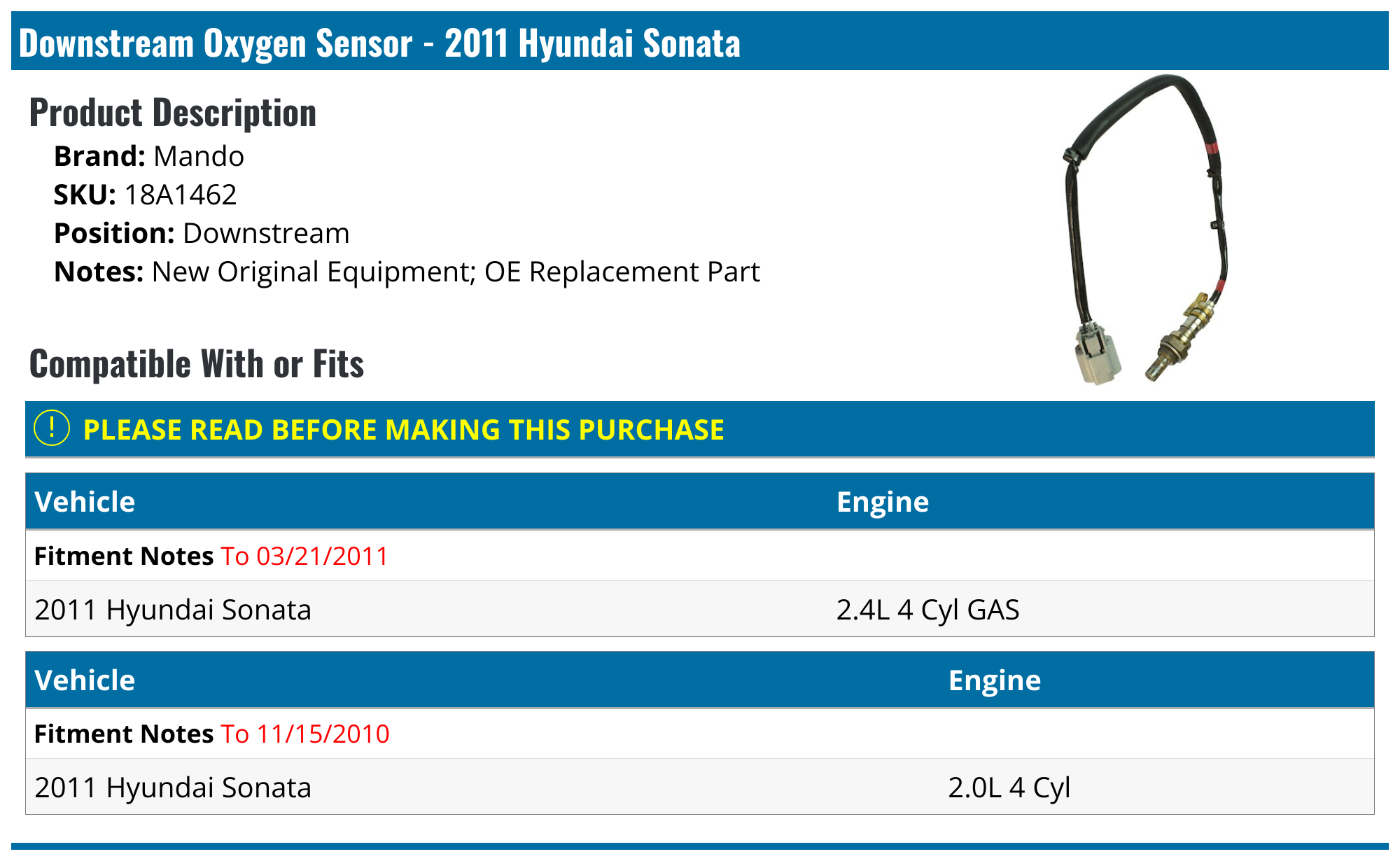 2011 Hyundai Sonata Oxygen Sensor - Mando 18A1462 - Downstream ...
