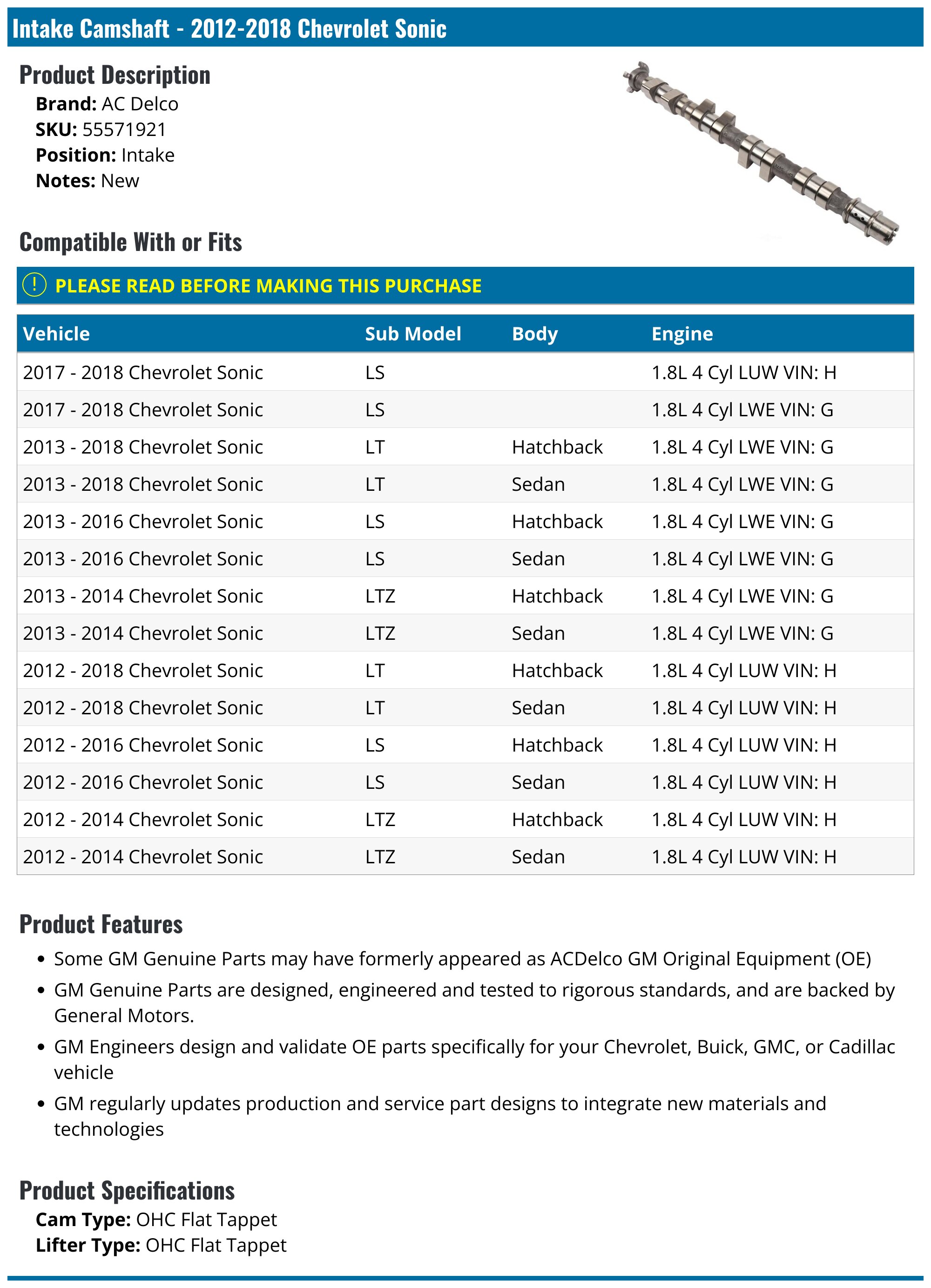 2012-2018 Chevrolet Sonic Camshaft - AC Delco 55571921 - Intake ...