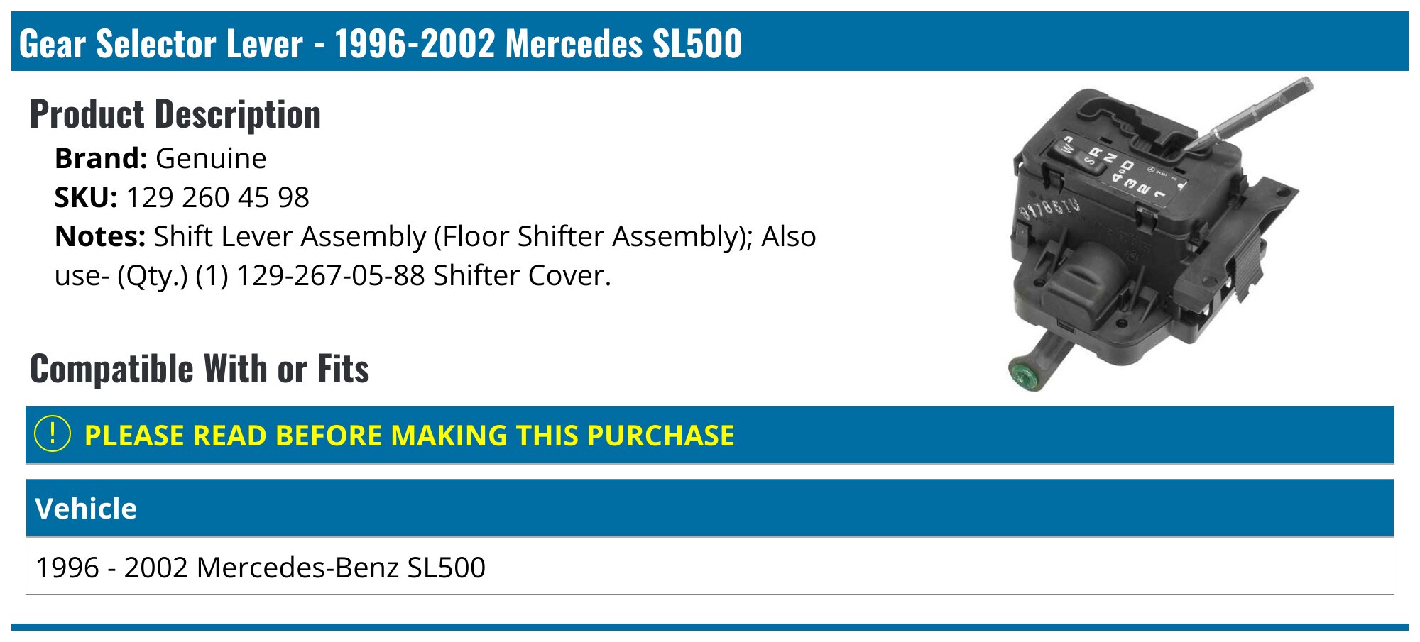 1996-2002 Mercedes SL500 Gear Selector Lever - Genuine 129 260 45 98 ...