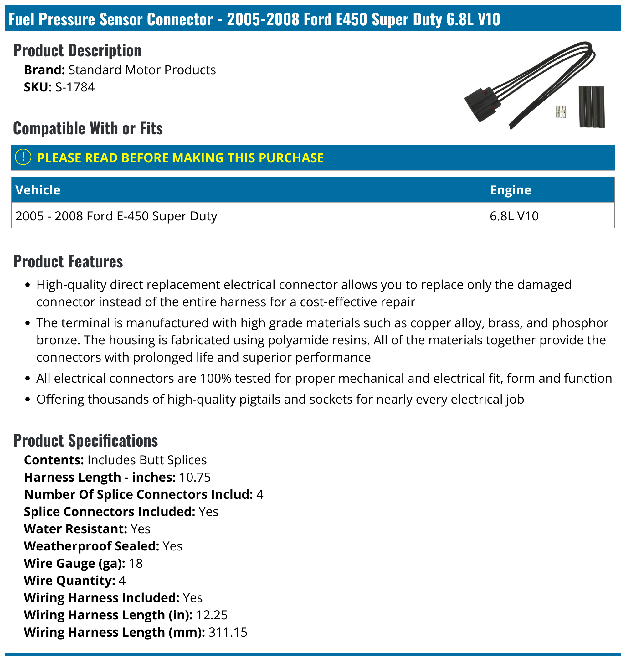 2005-2008 Ford E450 Super Duty Fuel Pressure Sensor Connector ...