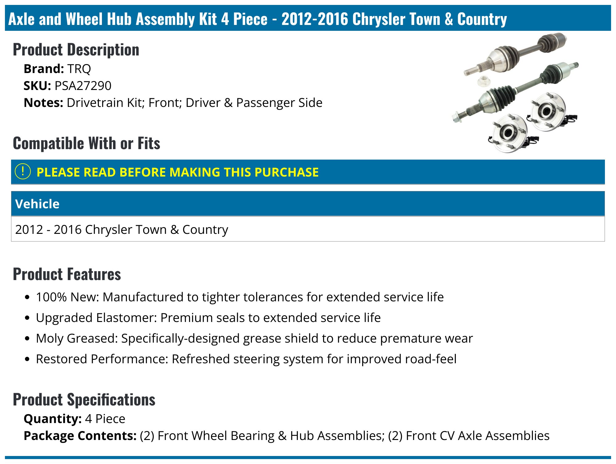 2012-2016 Chrysler Town & Country Axle Assembly - TRQ PSA27290 ...