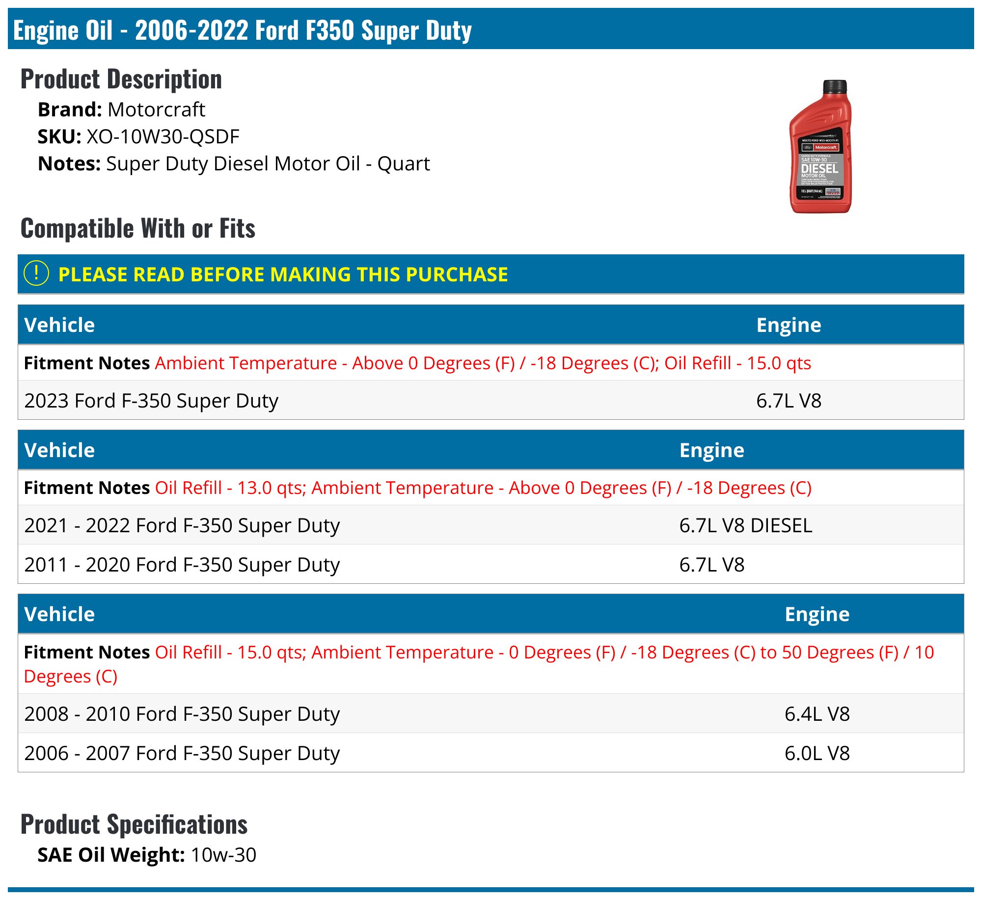 2006-2025 Ford F350 Super Duty Engine Oil - Motorcraft XO-10W30-QSDF - PartsGeek.com