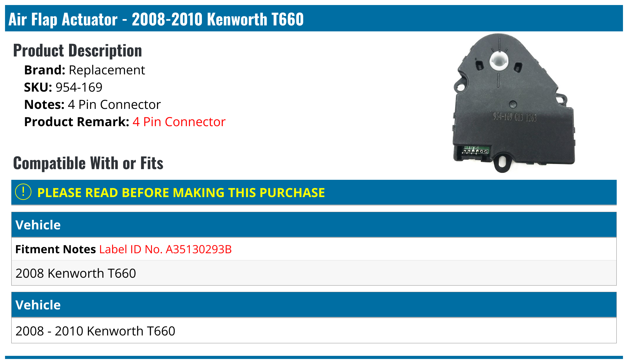 2008-2010 Kenworth T660 Air Flap Actuator - Replacement 954-169 ...