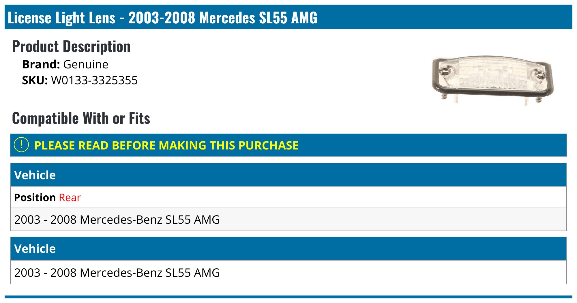 2003-2008 Mercedes SL55 AMG License Light Lens - Genuine W0133-3325355 ...