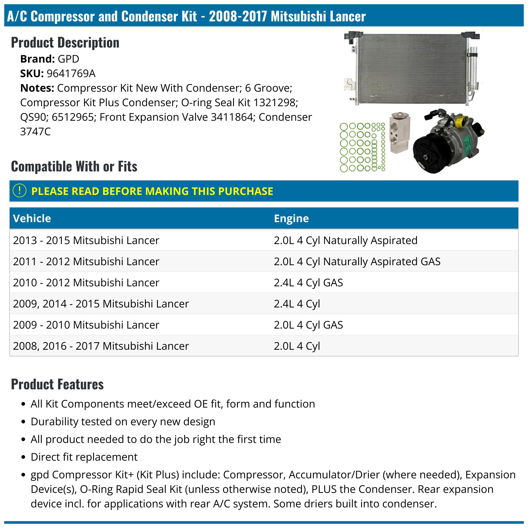 2008-2017 Mitsubishi Lancer A/C Compressor - GPD 9641769A - PartsGeek.com