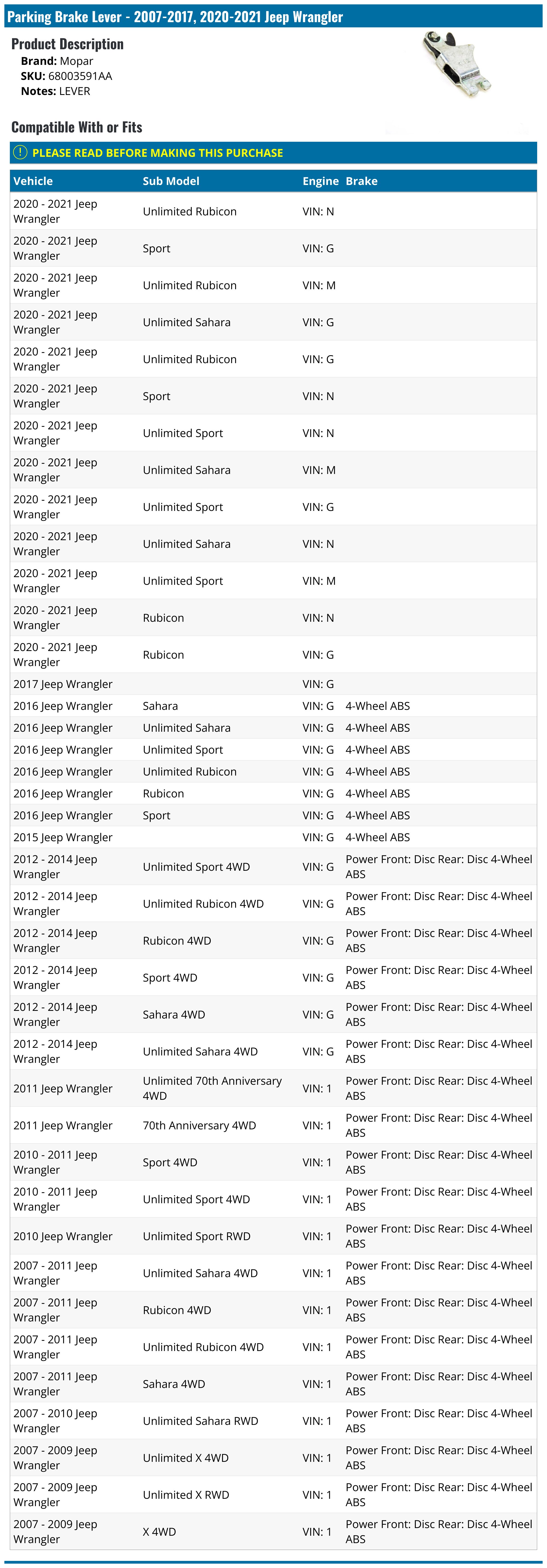 2007-2017, 2020-2021 Jeep Wrangler Parking Brake Lever - Mopar ...