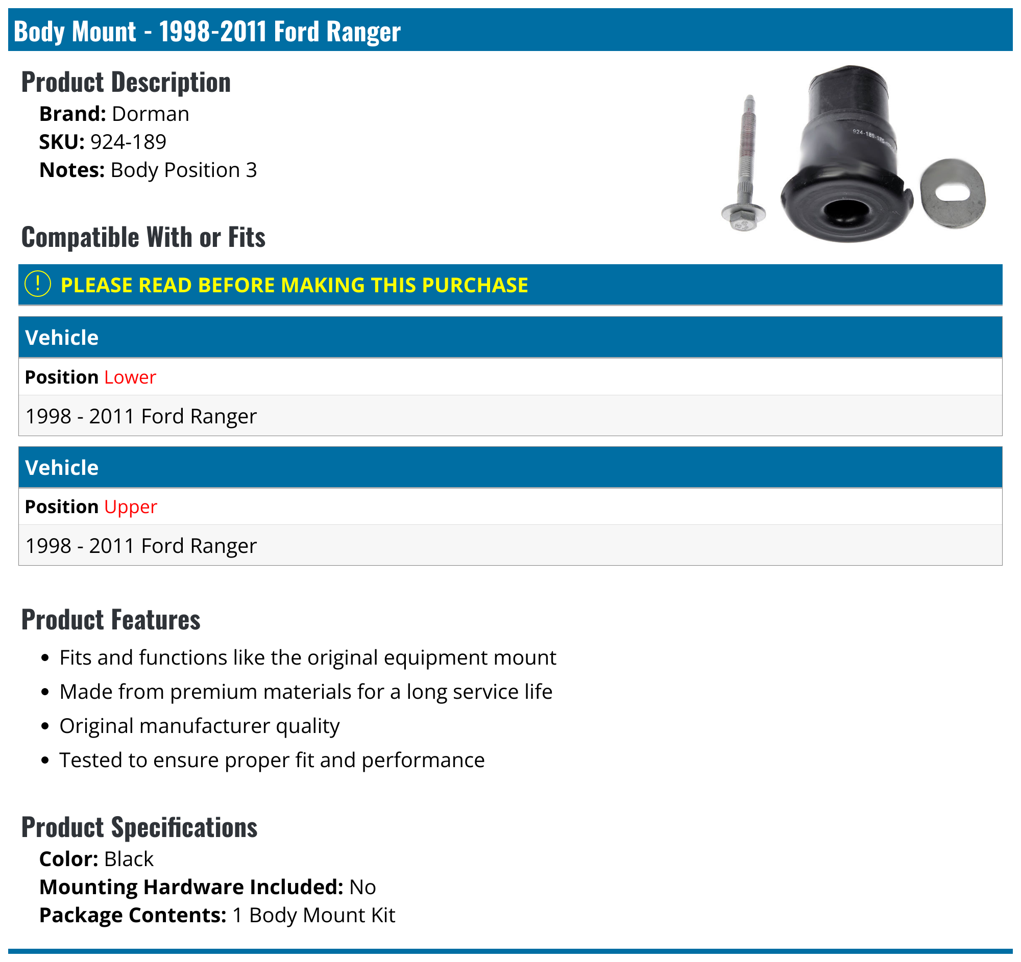 1998-2011 Ford Ranger Body Mount - Dorman 924-189 - Upper - PartsGeek.com