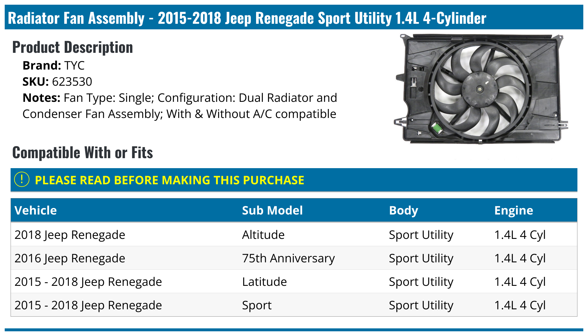 2015-2018 Jeep Renegade Radiator Fan Assembly - TYC 623530 - PartsGeek.com