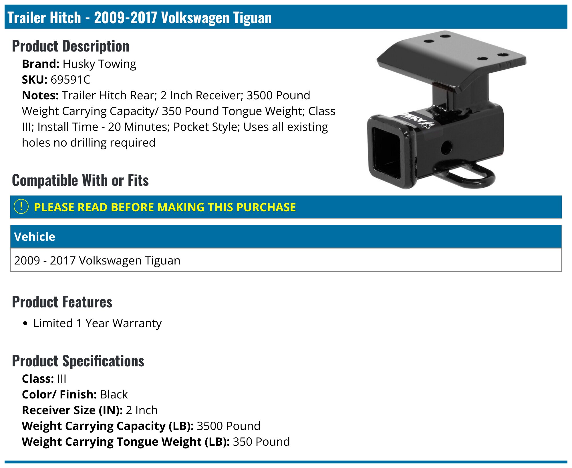 2009-2017 Volkswagen Tiguan Trailer Hitch - Husky Towing 69591C ...