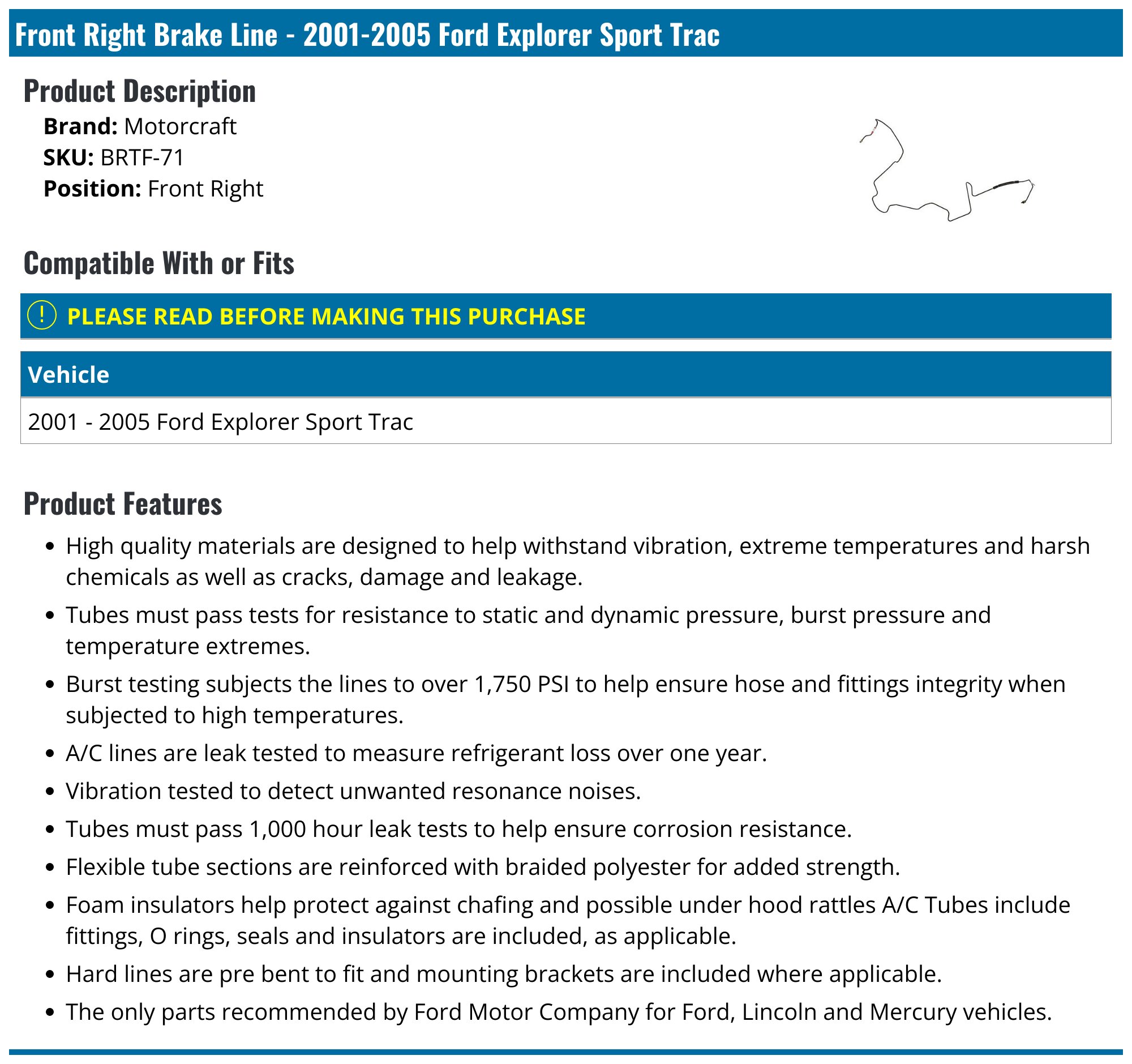 2001-2005 Ford Explorer Sport Trac Brake Line - Motorcraft BRTF-71 ...