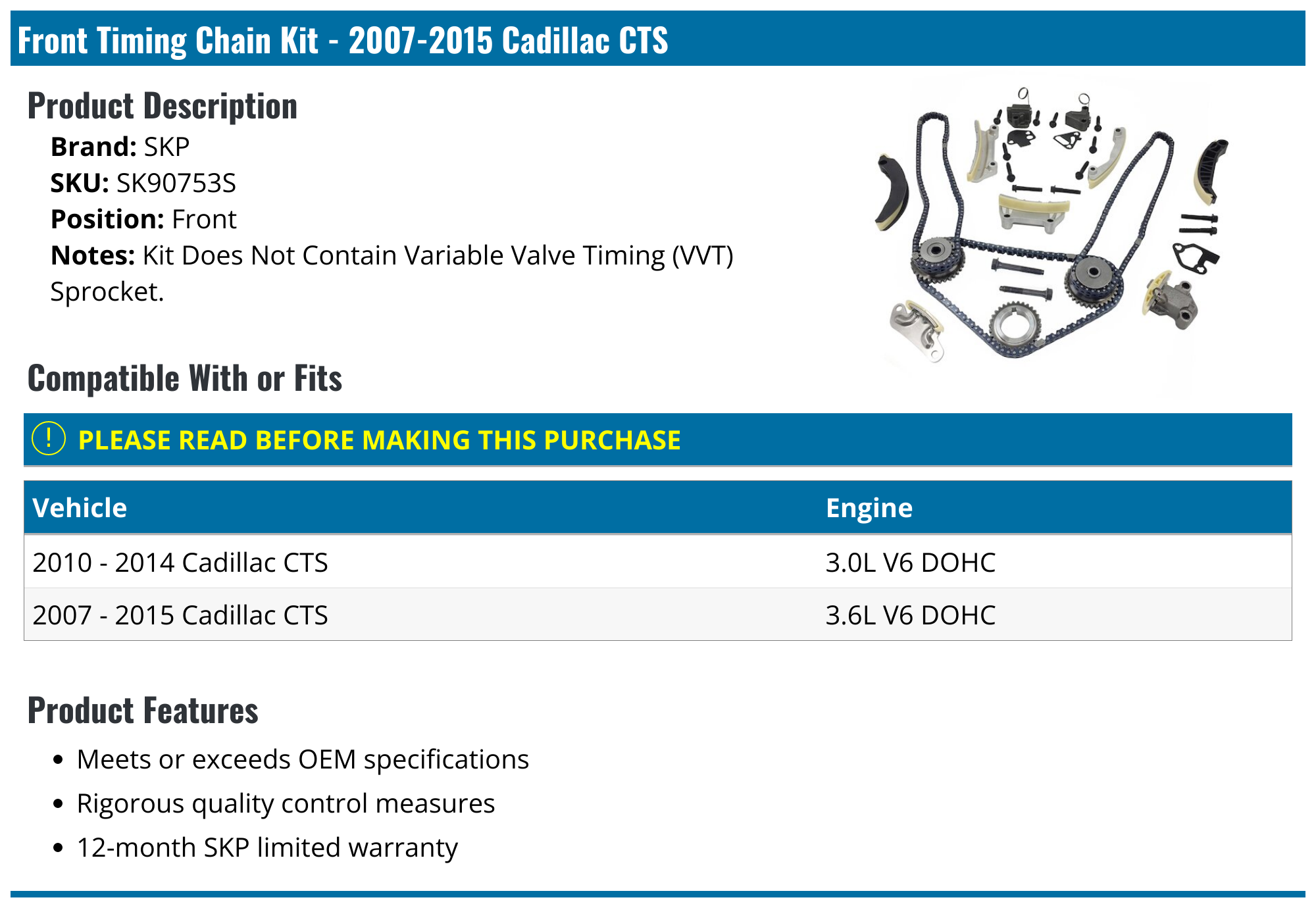2007-2015 Cadillac CTS Timing Chain - SKP SK90753S - Front - PartsGeek.com
