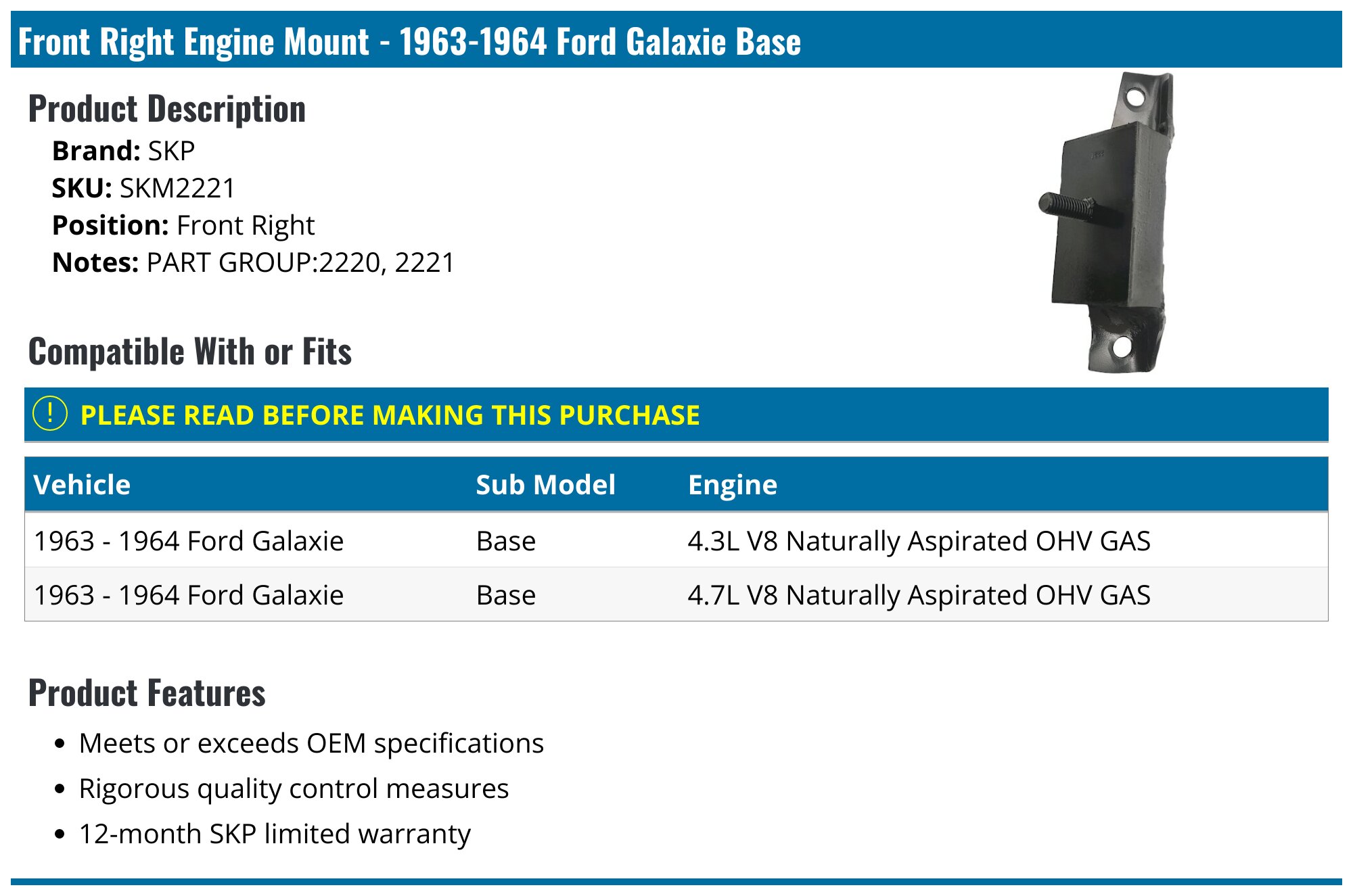 1963-1964 Ford Galaxie Engine Mount - SKP SKM2221 - Front Right ...
