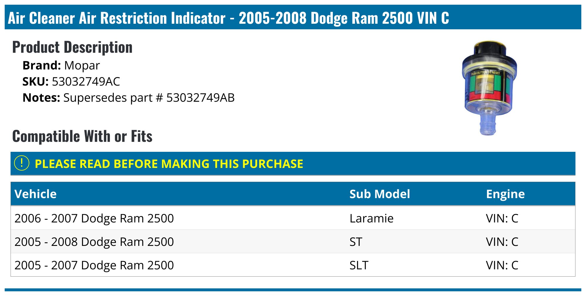 2005-2008 Dodge Ram 2500 Air Cleaner Air Restriction Indicator - Mopar ...