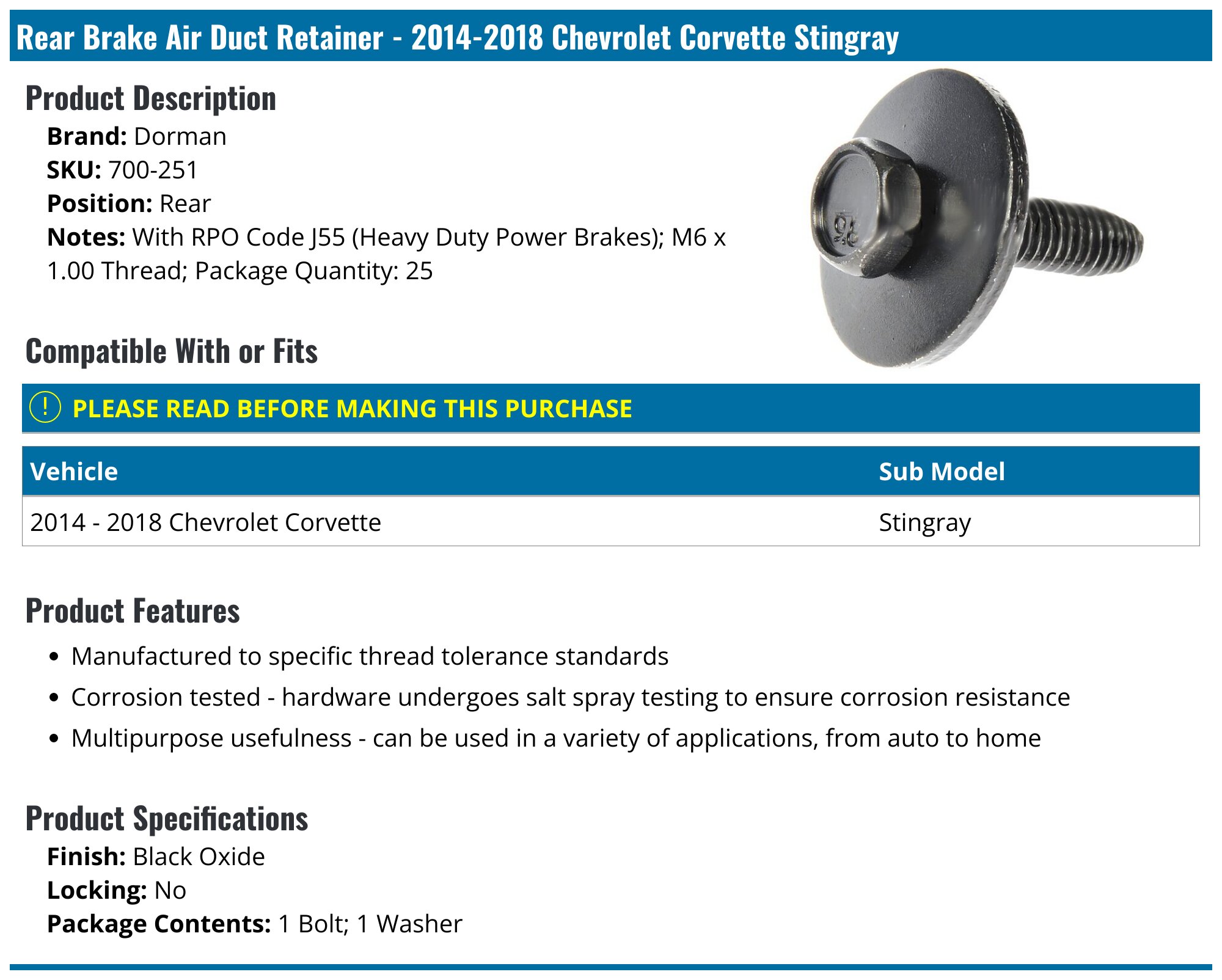 2014-2018 Chevrolet Corvette Brake Air Duct Retainer - Dorman 700-251 ...