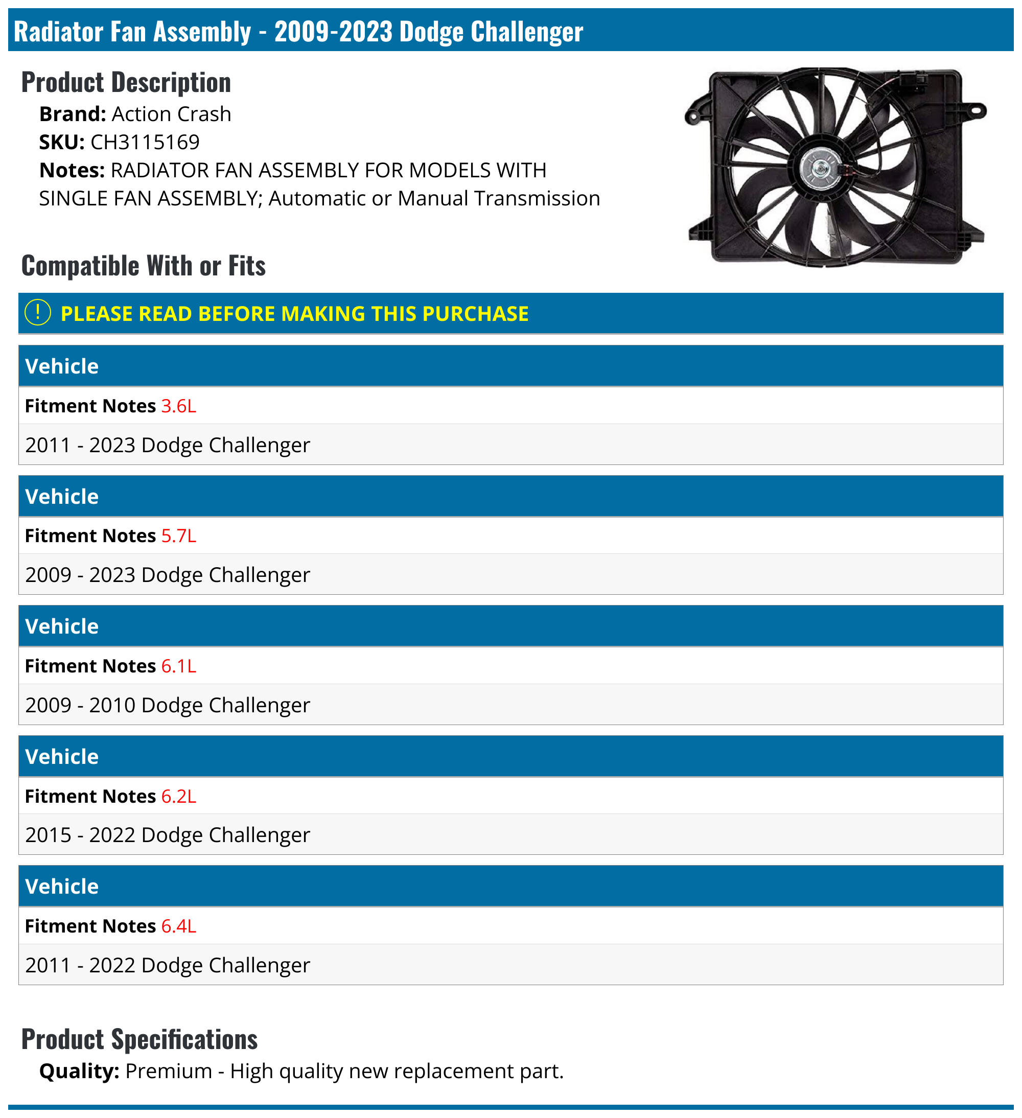 2009-2023 Dodge Challenger Radiator Fan Assembly - Action Crash ...