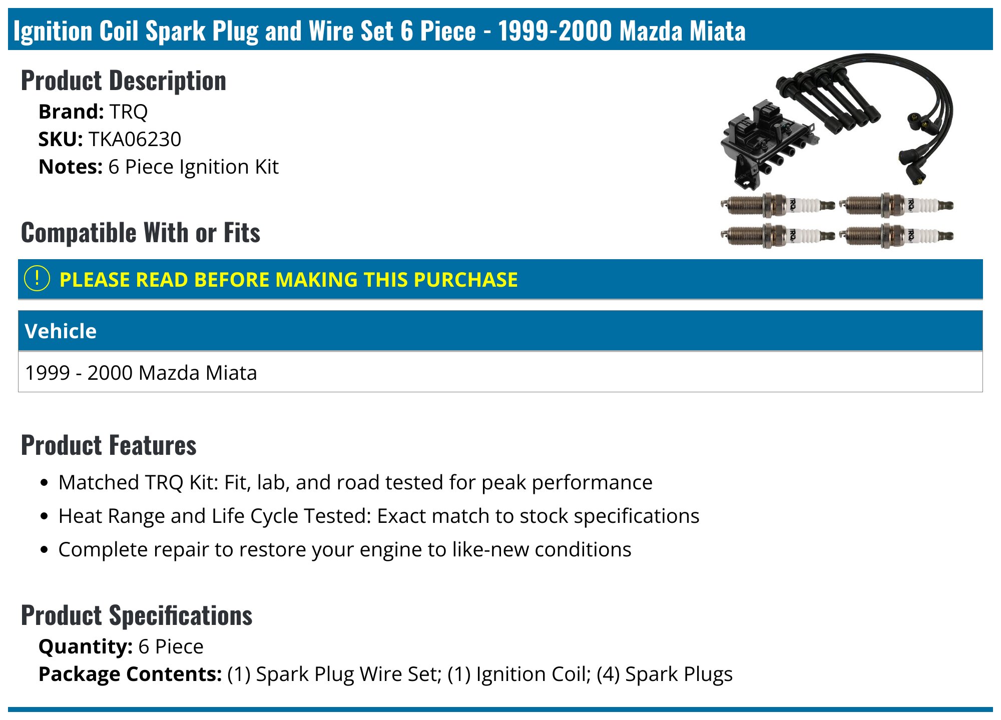 1999-2000 Mazda Miata Ignition Coil - TRQ TKA06230 - PartsGeek.com