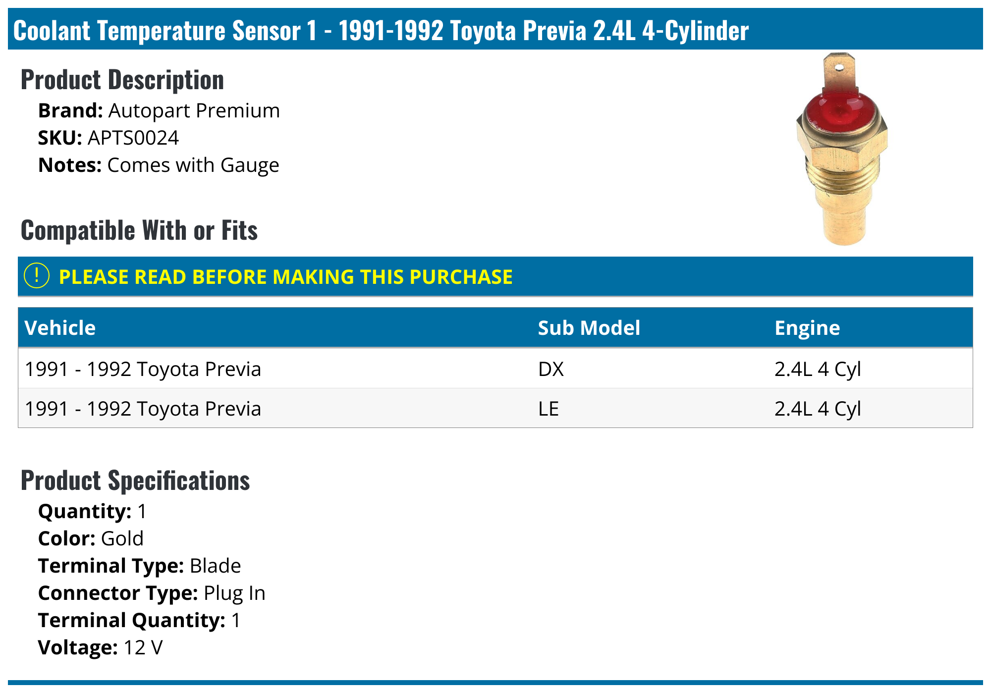 1991-1992 Toyota Previa Engine Coolant Temperature Sensor - Autopart ...