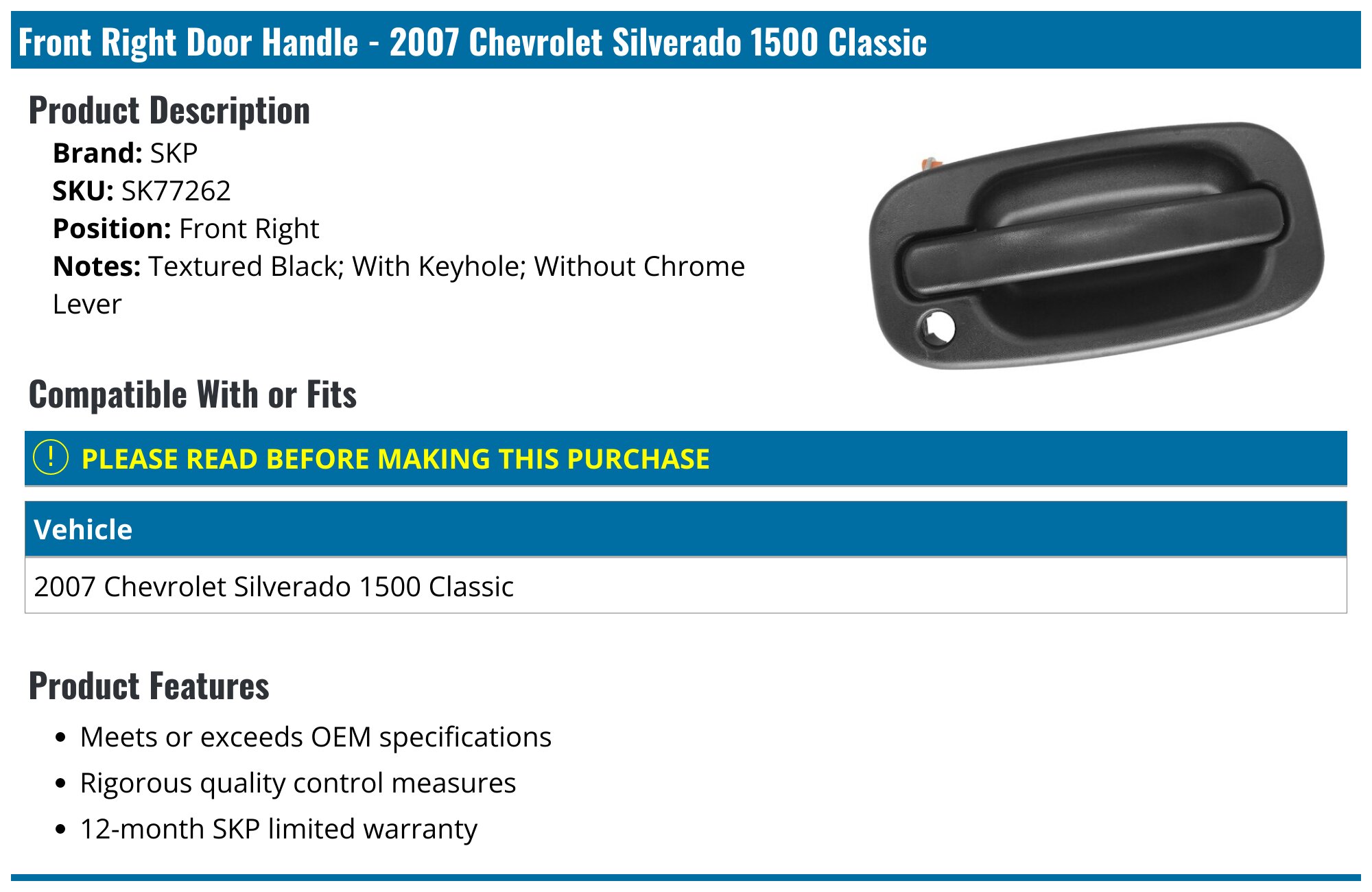 2007 Chevrolet Silverado 1500 Classic Door Handle - SKP SK77262 - Front ...