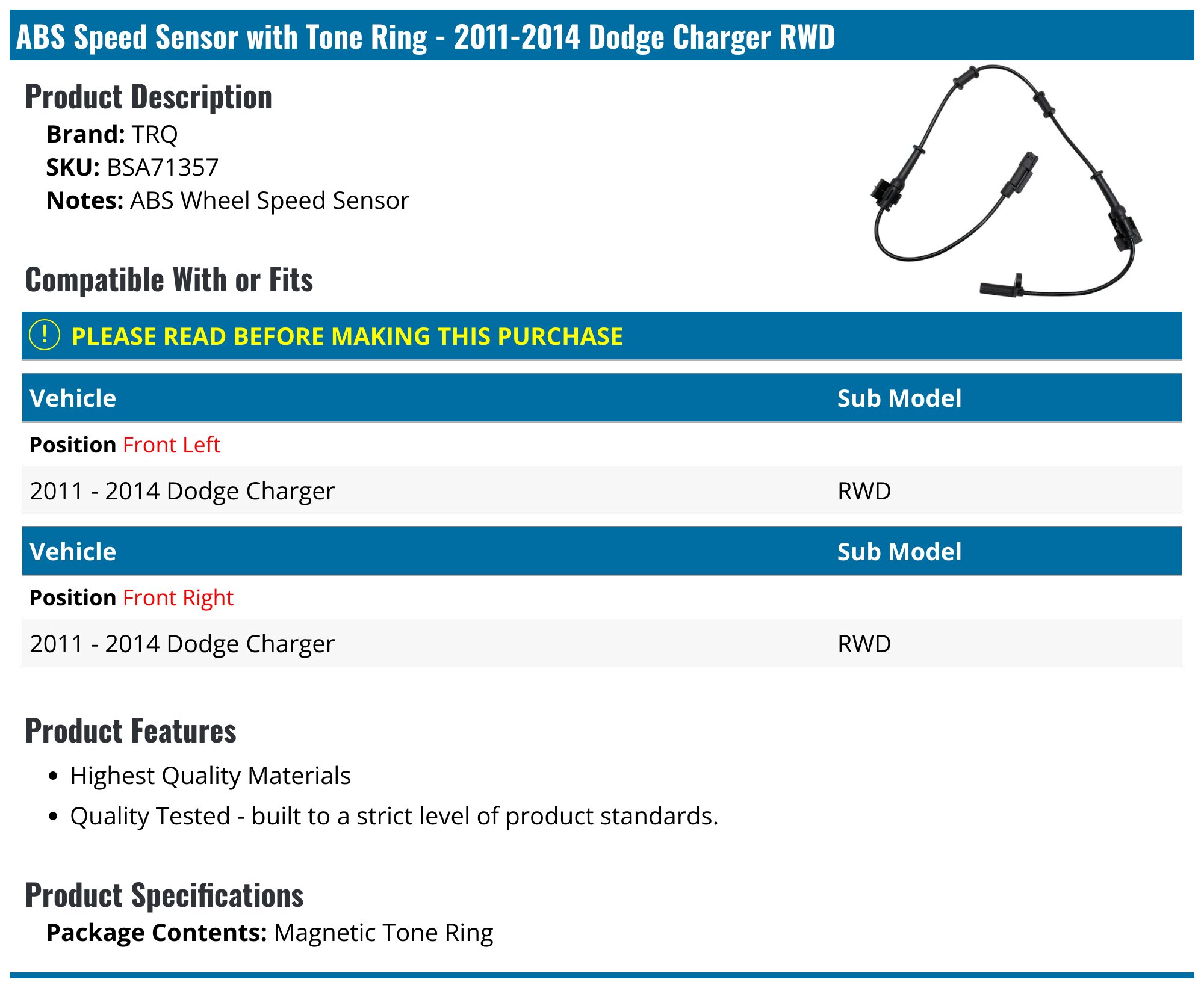 2011-2014 Dodge Charger ABS Speed Sensor - TRQ BSA71357 - Front ...