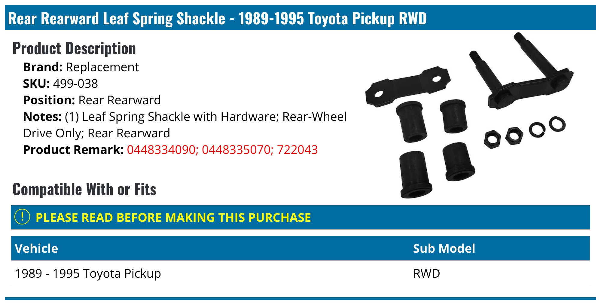 1989-1995 Toyota Pickup Leaf Spring Shackle - Replacement 499-038 ...