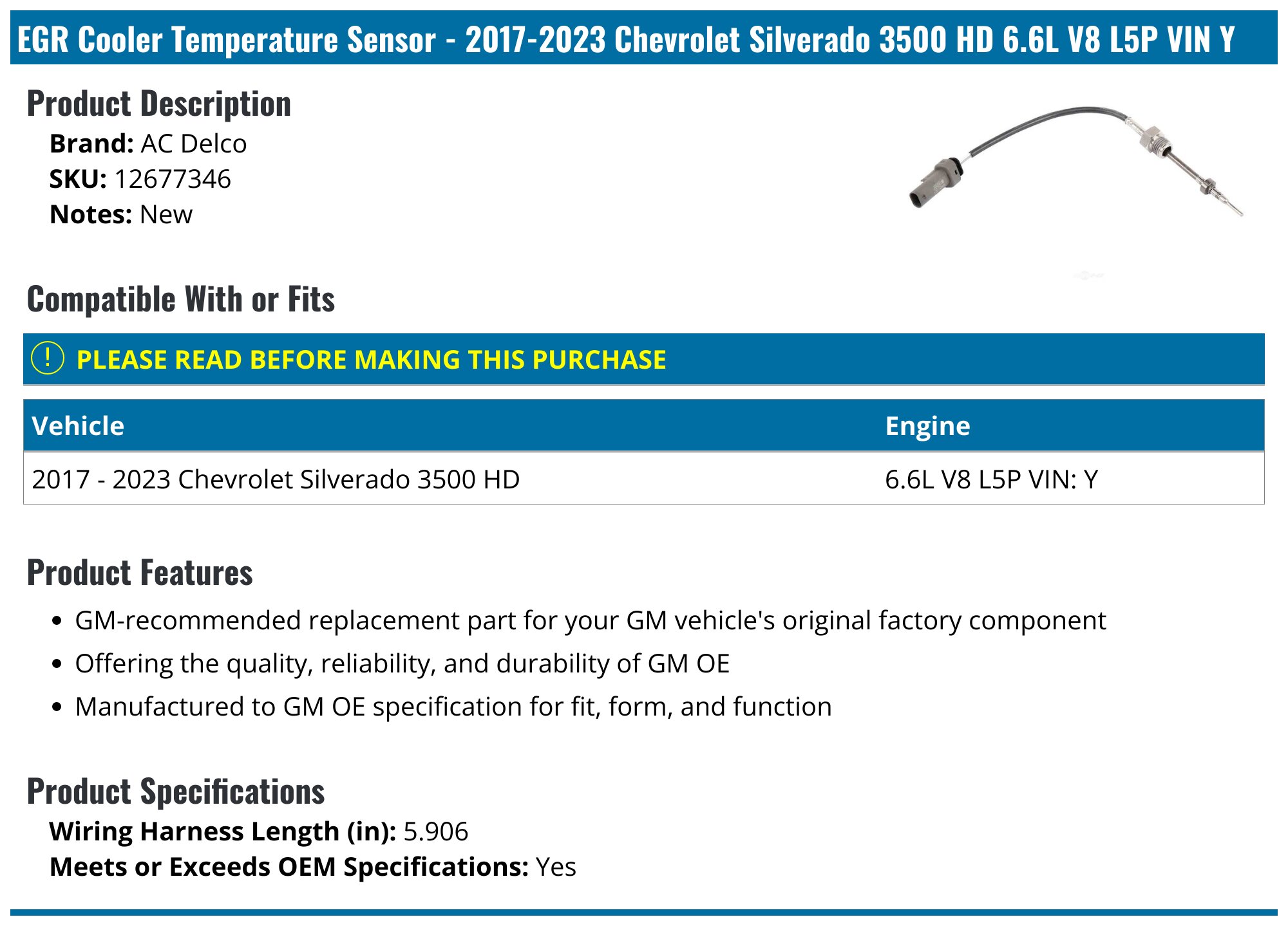 2017-2023 Chevrolet Silverado 3500 HD EGR Cooler Temperature Sensor ...
