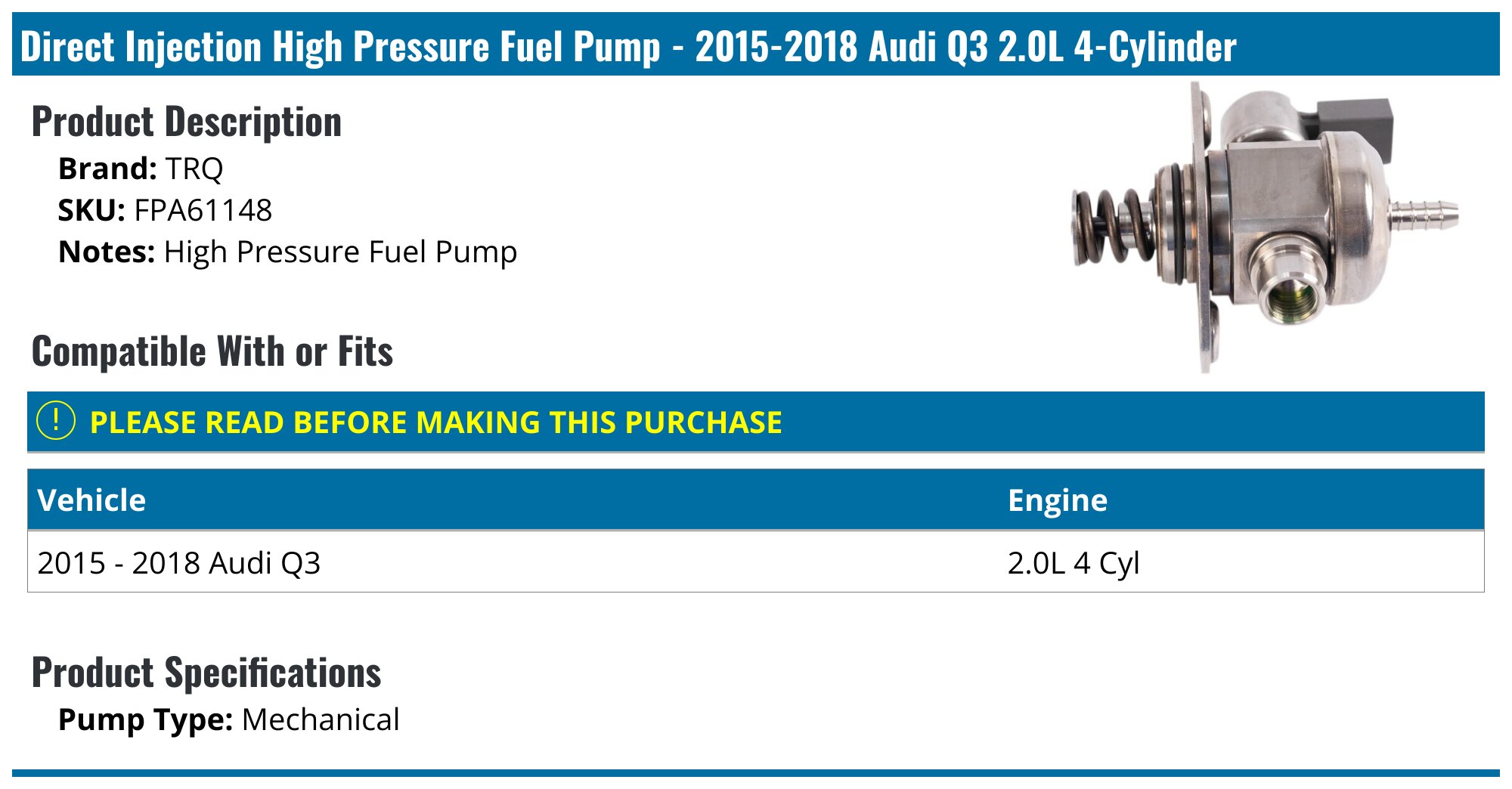 2015-2018 Audi Q3 Fuel Pump - TRQ FPA61148 - PartsGeek.com