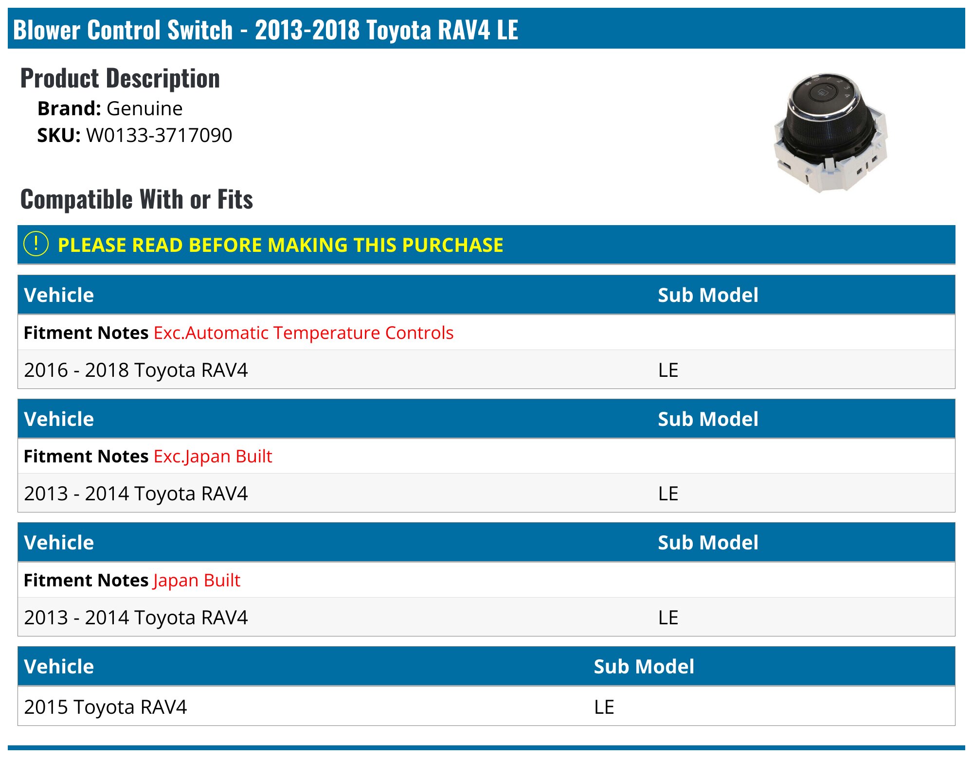 2013-2018 Toyota RAV4 Blower Motor Resistor - Genuine W0133-3717090 ...