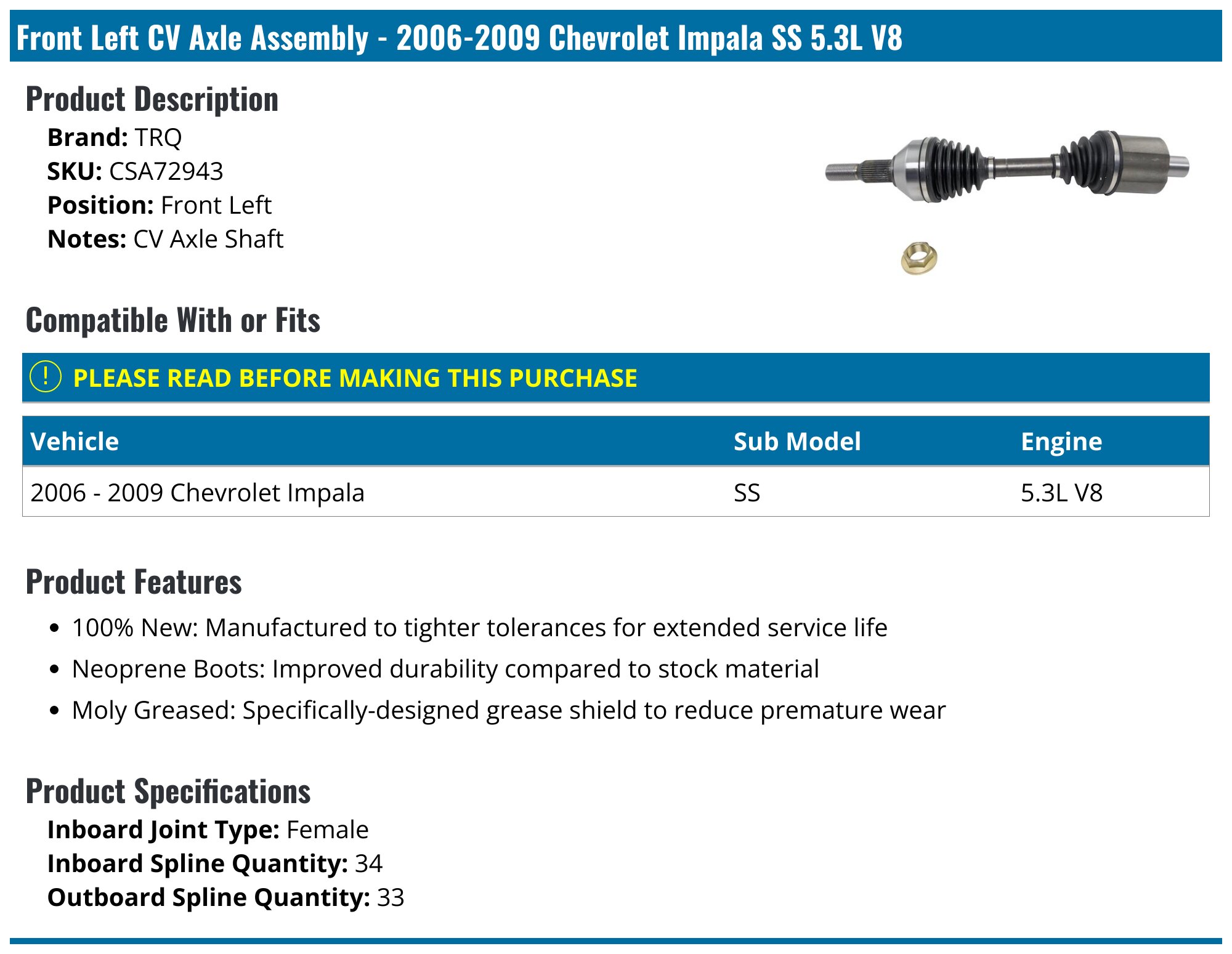 2006-2009 Chevrolet Impala Axle Assembly - TRQ CSA72943 - Front Left ...