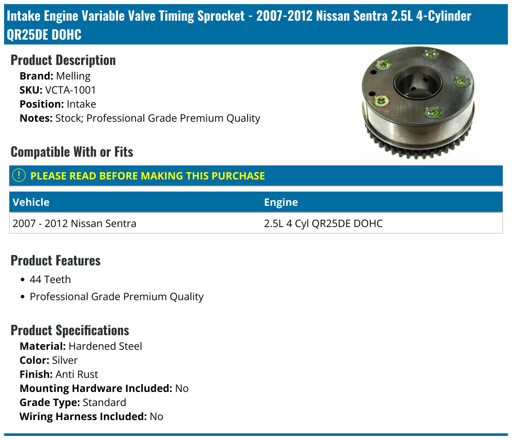 2007-2012 Nissan Sentra Engine Variable Valve Timing Sprocket - Melling ...