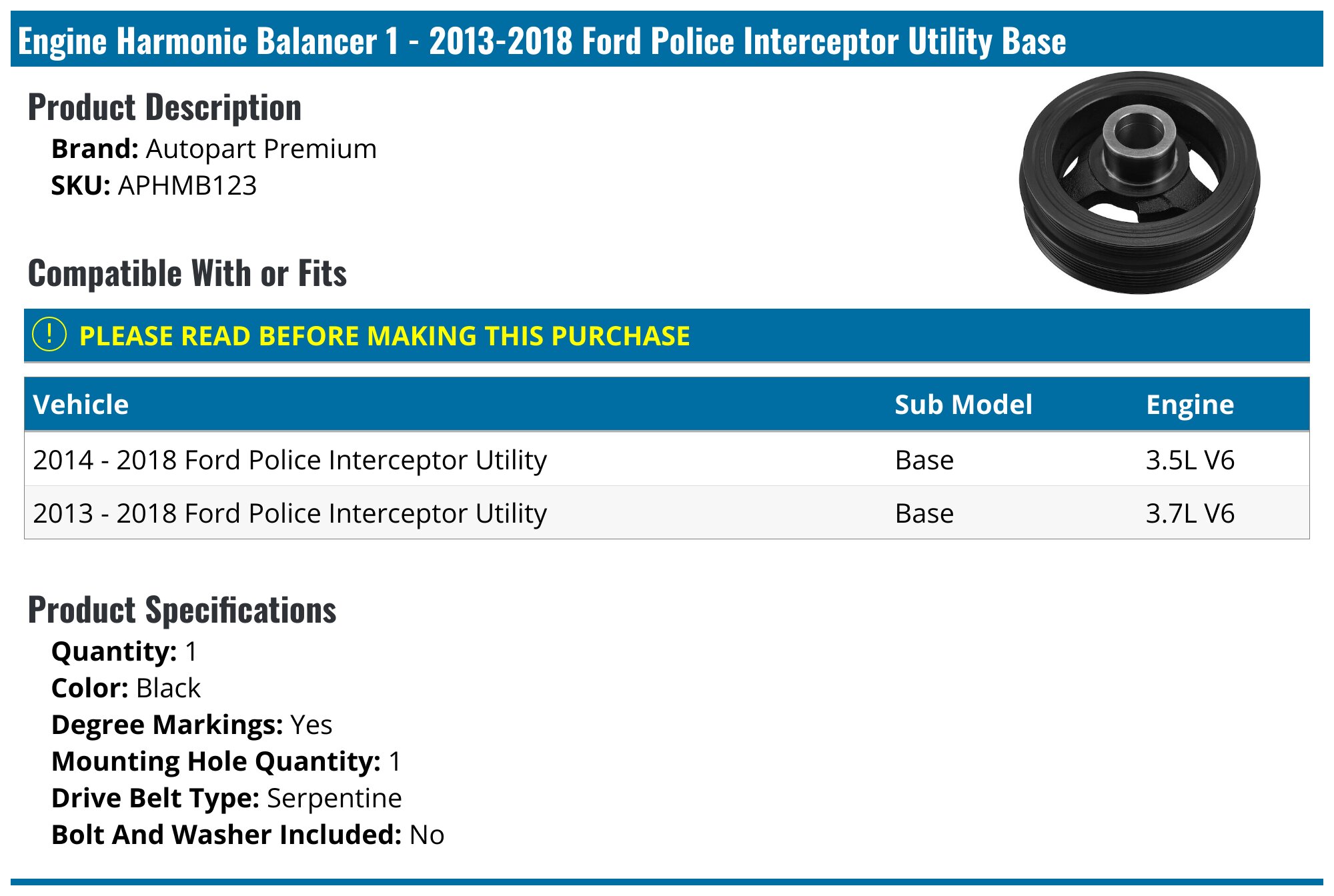 2013-2018 Ford Police Interceptor Utility Engine Harmonic Balancer ...