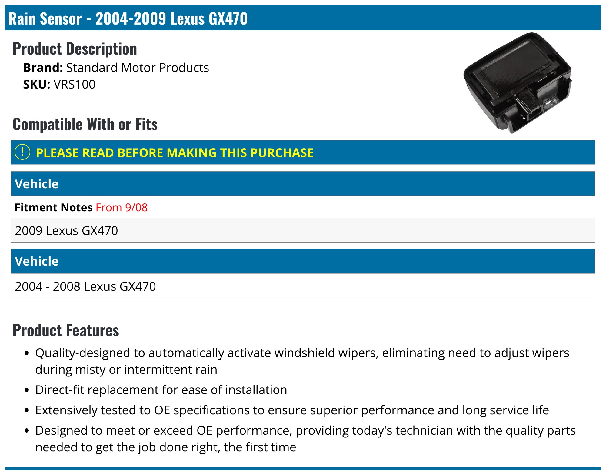 2004-2009 Lexus GX470 Rain Sensor - Standard Motor Products VRS100 ...