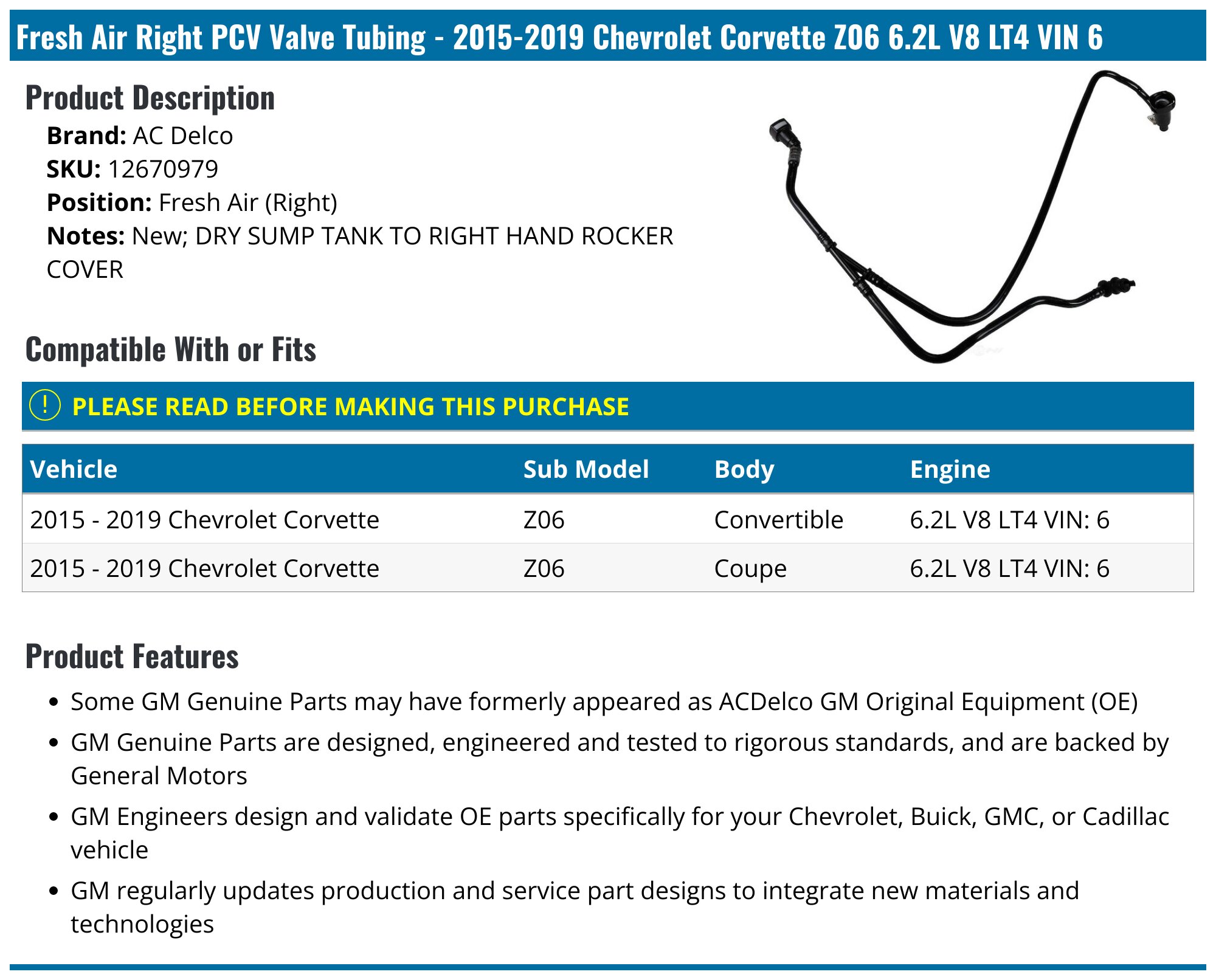 2015-2019 Chevrolet Corvette PCV Hose - AC Delco 12670979 - Fresh Air ...