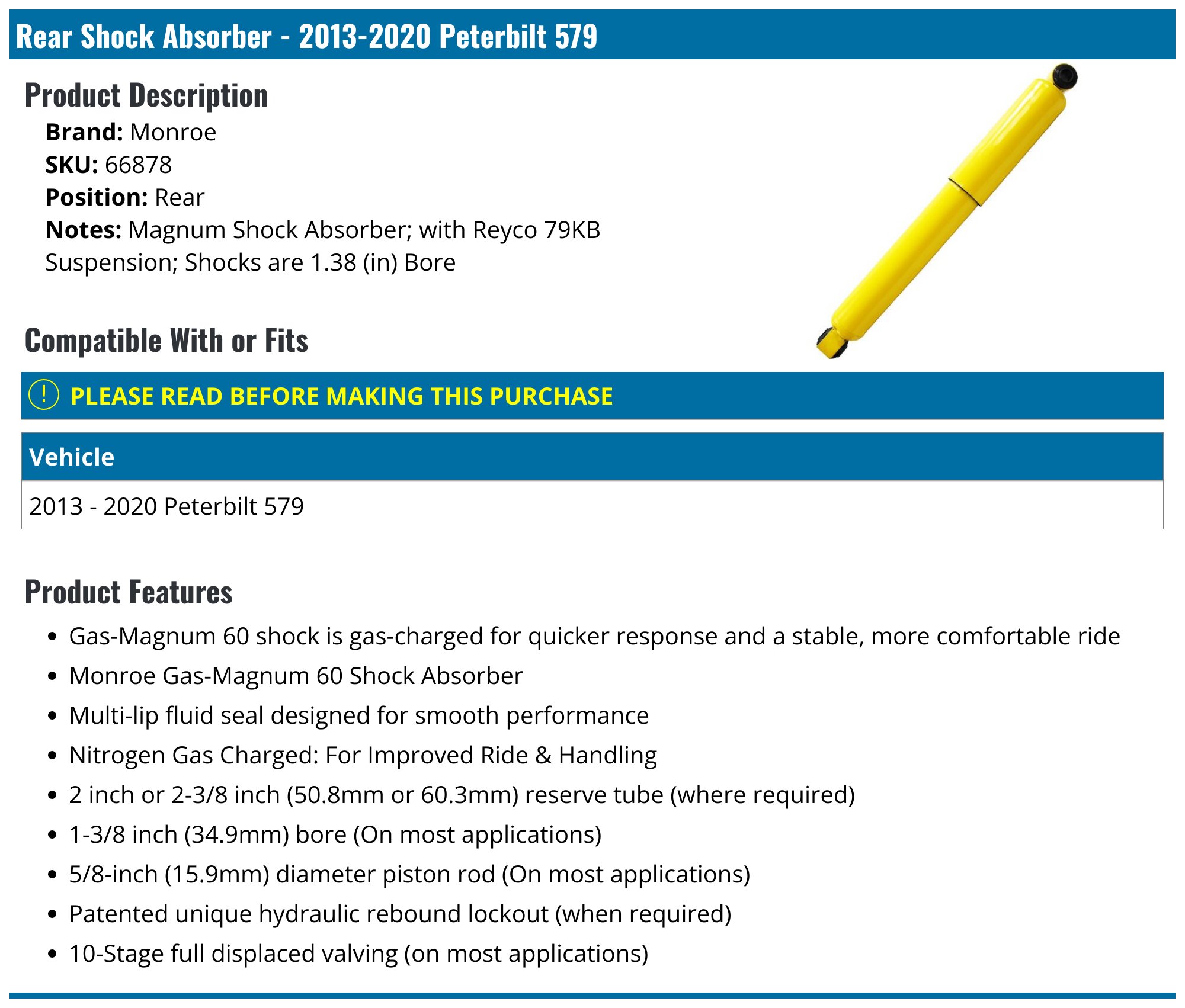 2013-2024 Peterbilt 579 Shock Absorber - Monroe 66878 - Rear ...