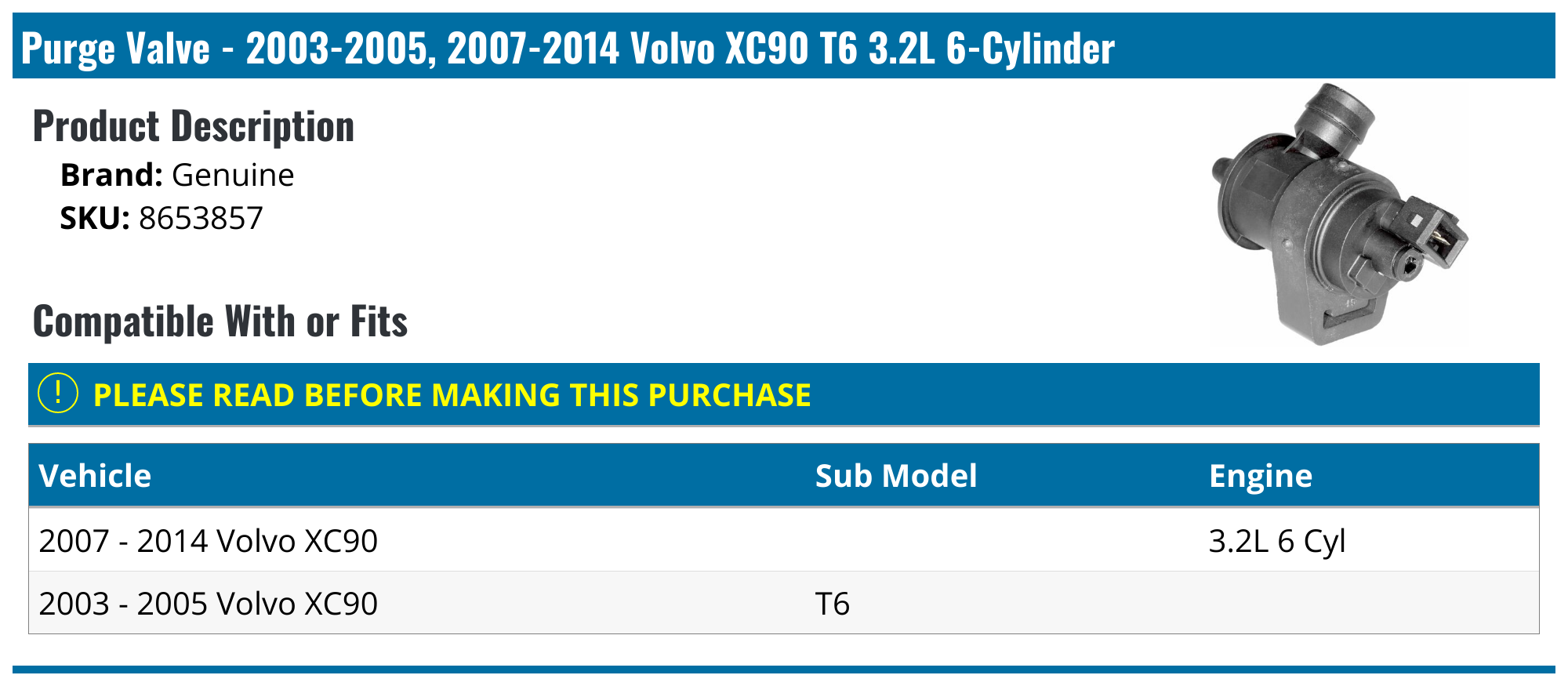 2003-2005, 2007-2014 Volvo XC90 Purge Valve - Genuine 8653857 ...