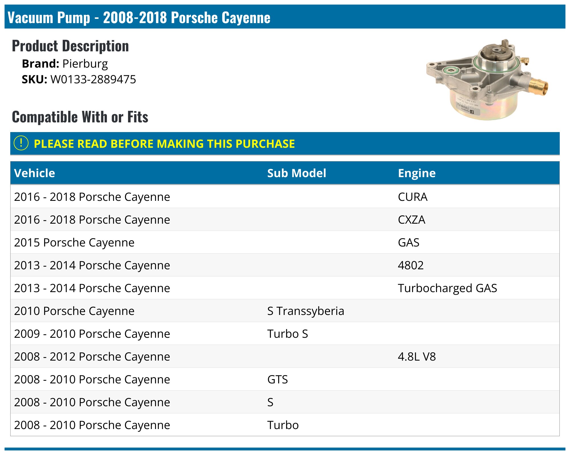 2008-2018 Porsche Cayenne Vacuum Pump - Pierburg W0133-2889475 ...