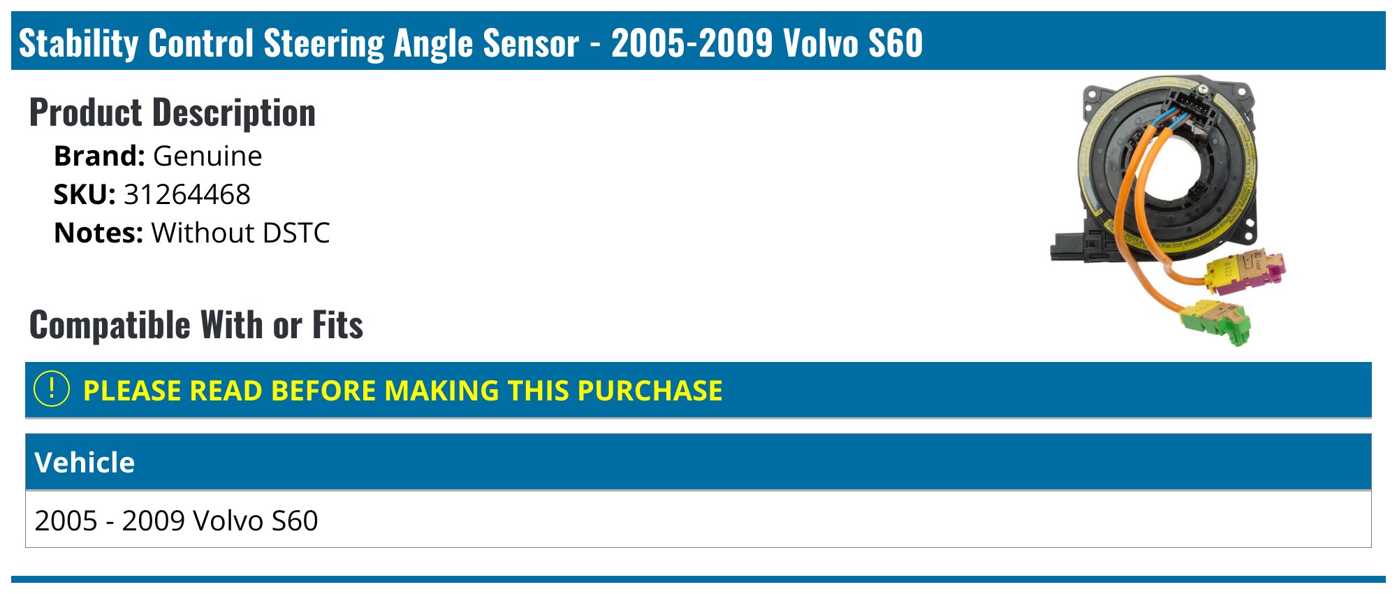 2005-2009 Volvo S60 Air Bag Clockspring - Genuine 31264468 ...
