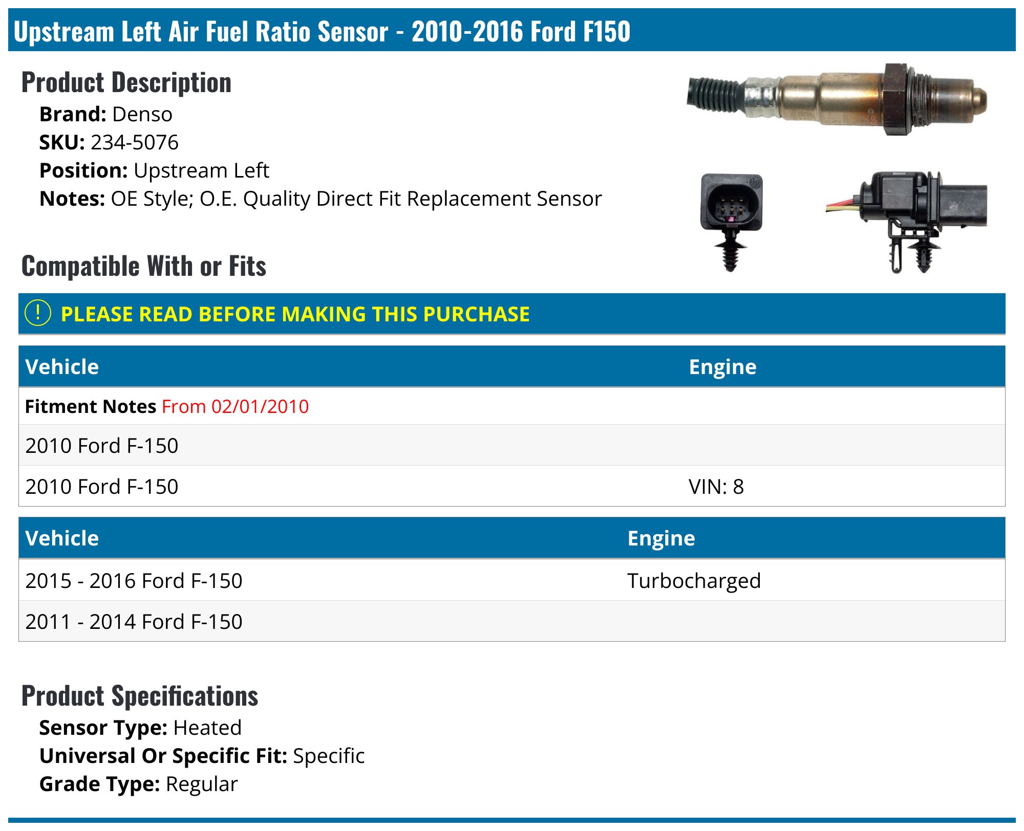 2010-2016 Ford F150 Oxygen Sensor - Denso 234-5076 - Upstream Left ...