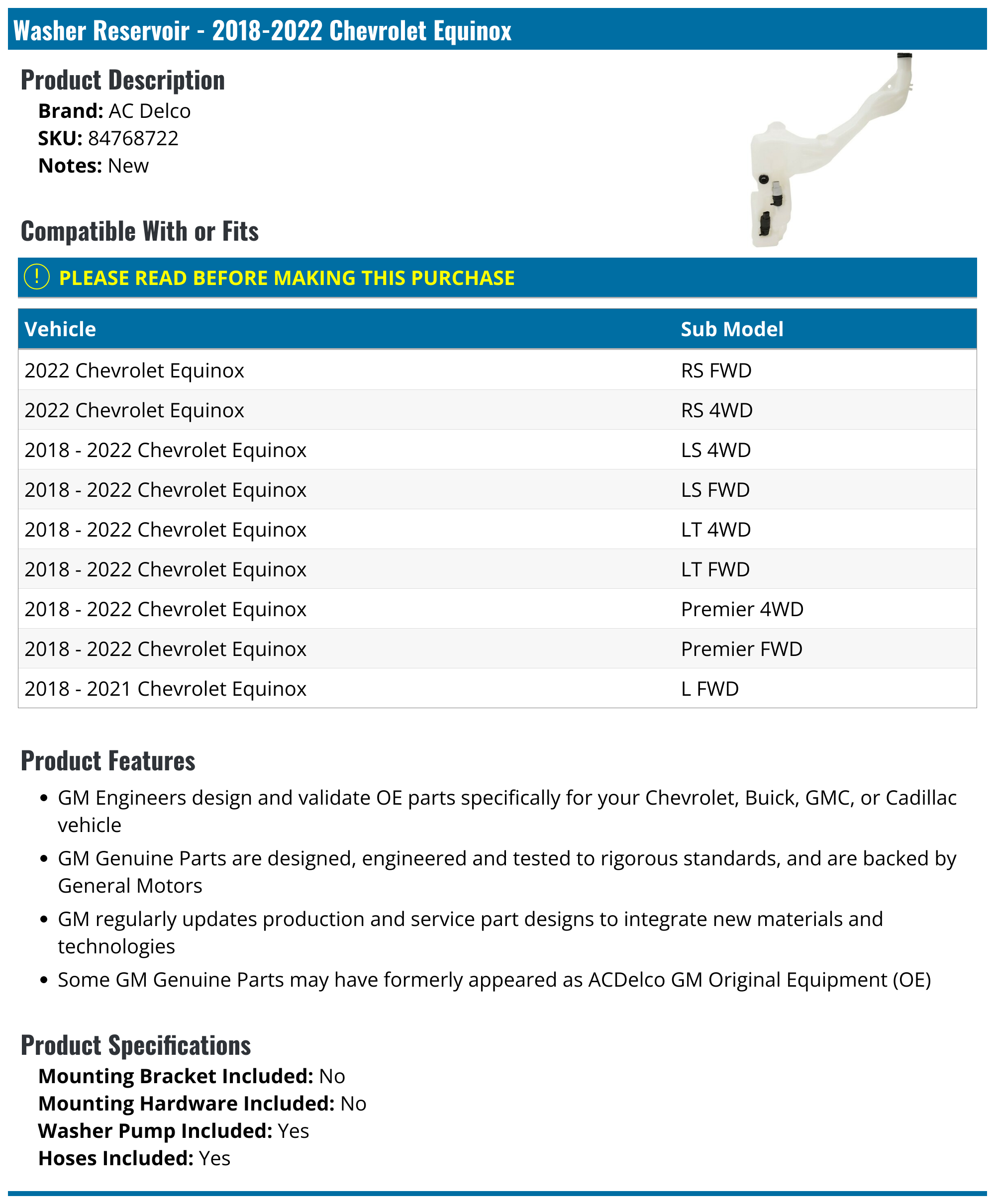 2018-2022 Chevrolet Equinox Windshield Washer Tank - AC Delco 84768722 ...