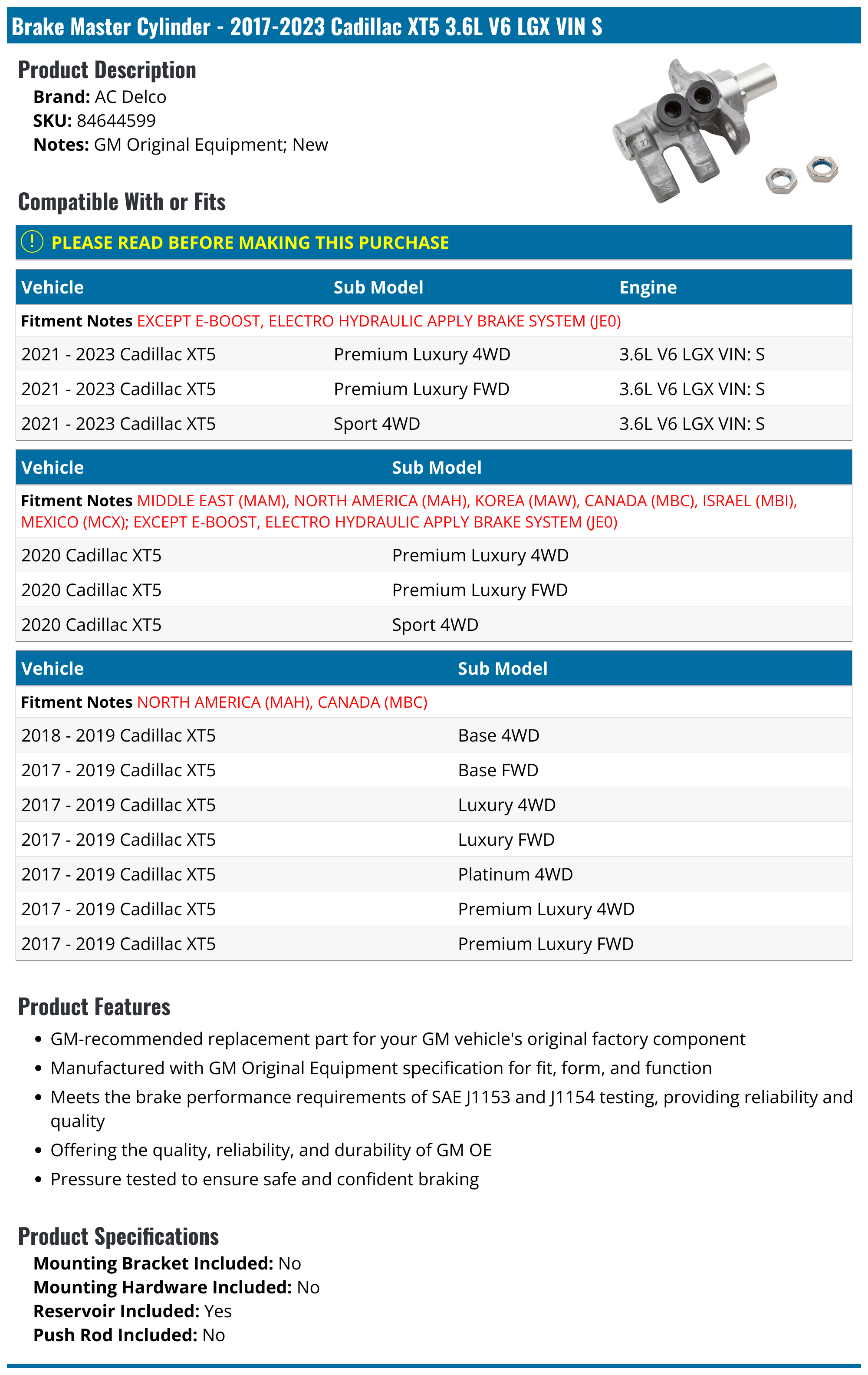 2017-2025 Cadillac XT5 Brake Master Cylinder - AC Delco 84644599 ...