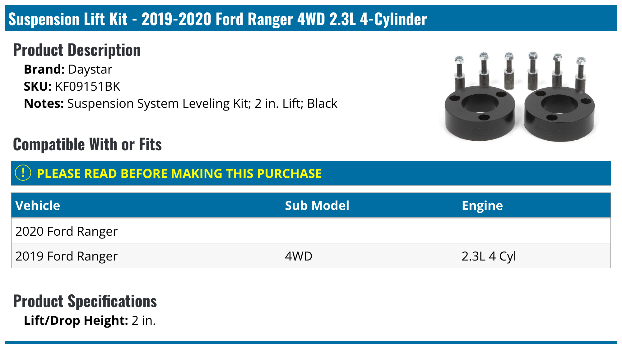 2019-2023 Ford Ranger Suspension Lift Kit - Daystar KF09151BK ...