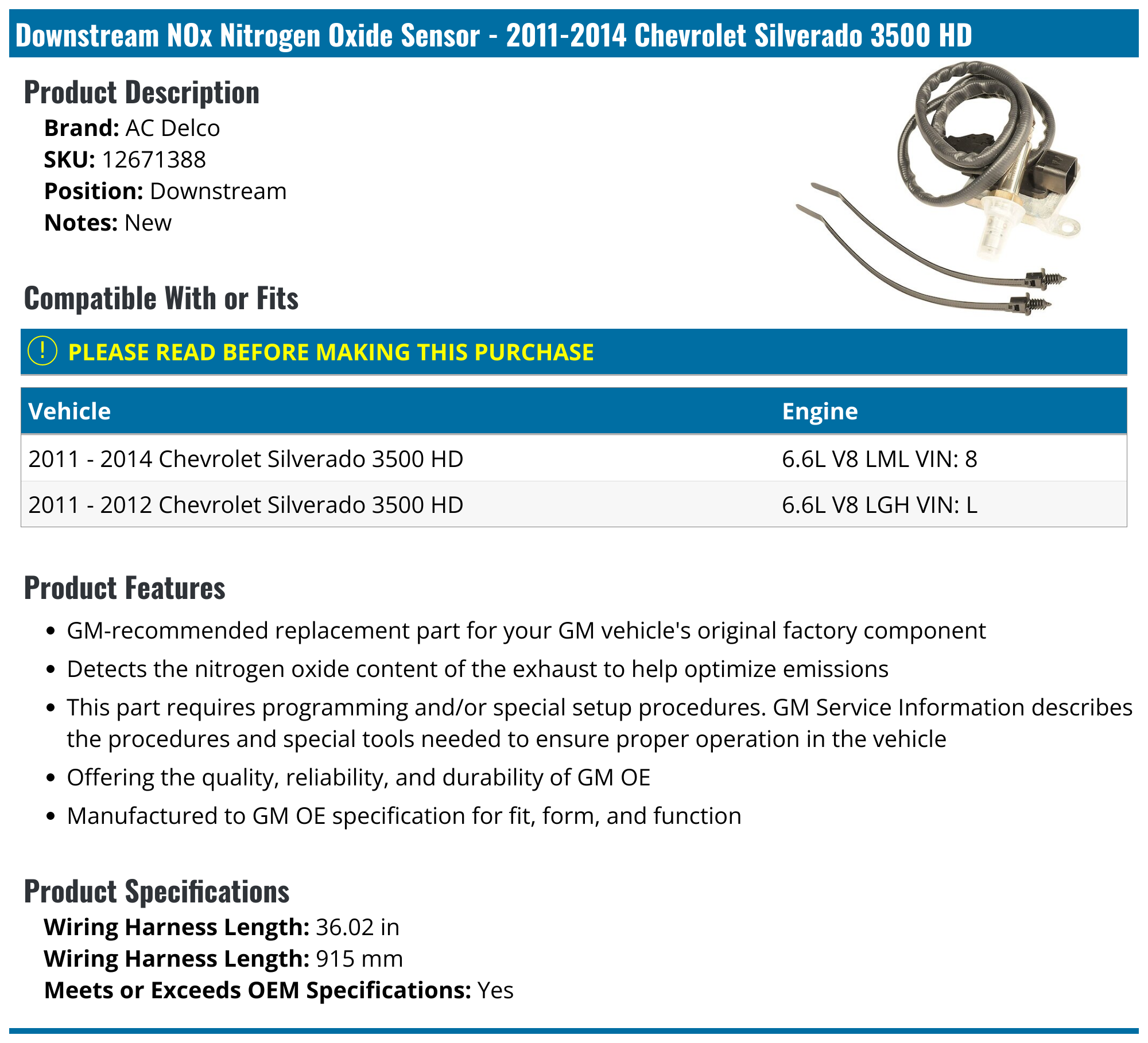2011-2014 Chevrolet Silverado 3500 HD NOx (Nitrogen Oxide) Sensor - AC ...