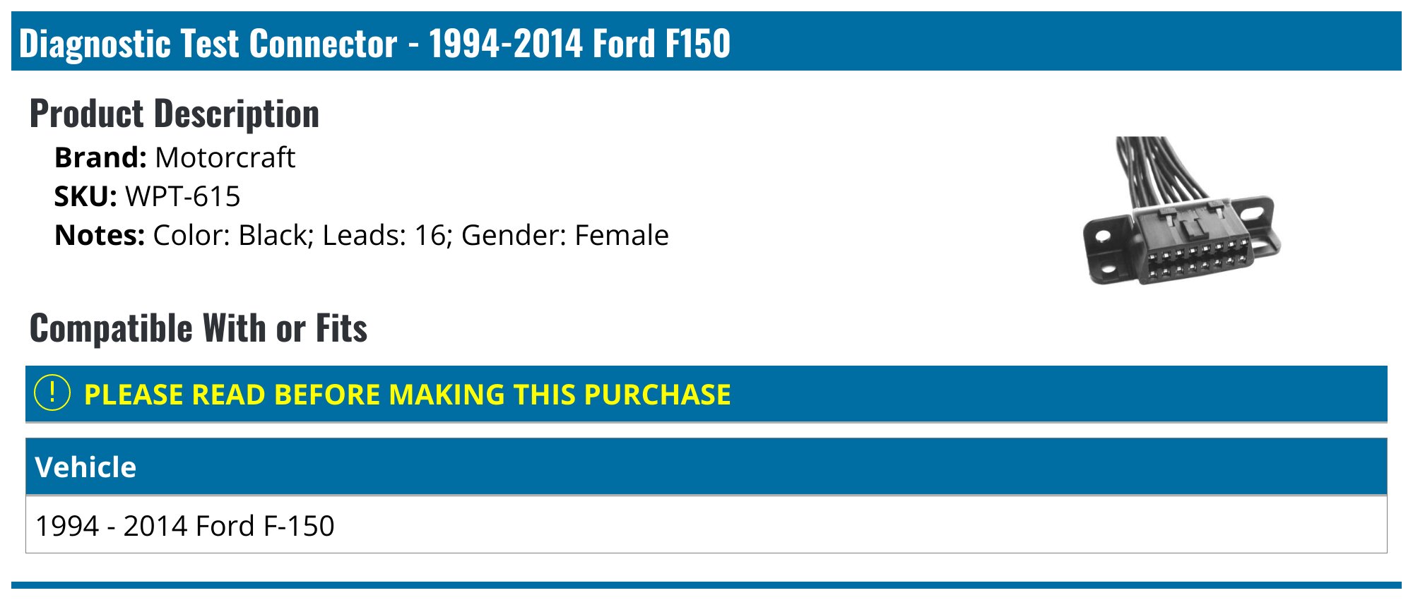 1994-2014 Ford F150 Diagnostic Test Connector - Motorcraft WPT-615 ...