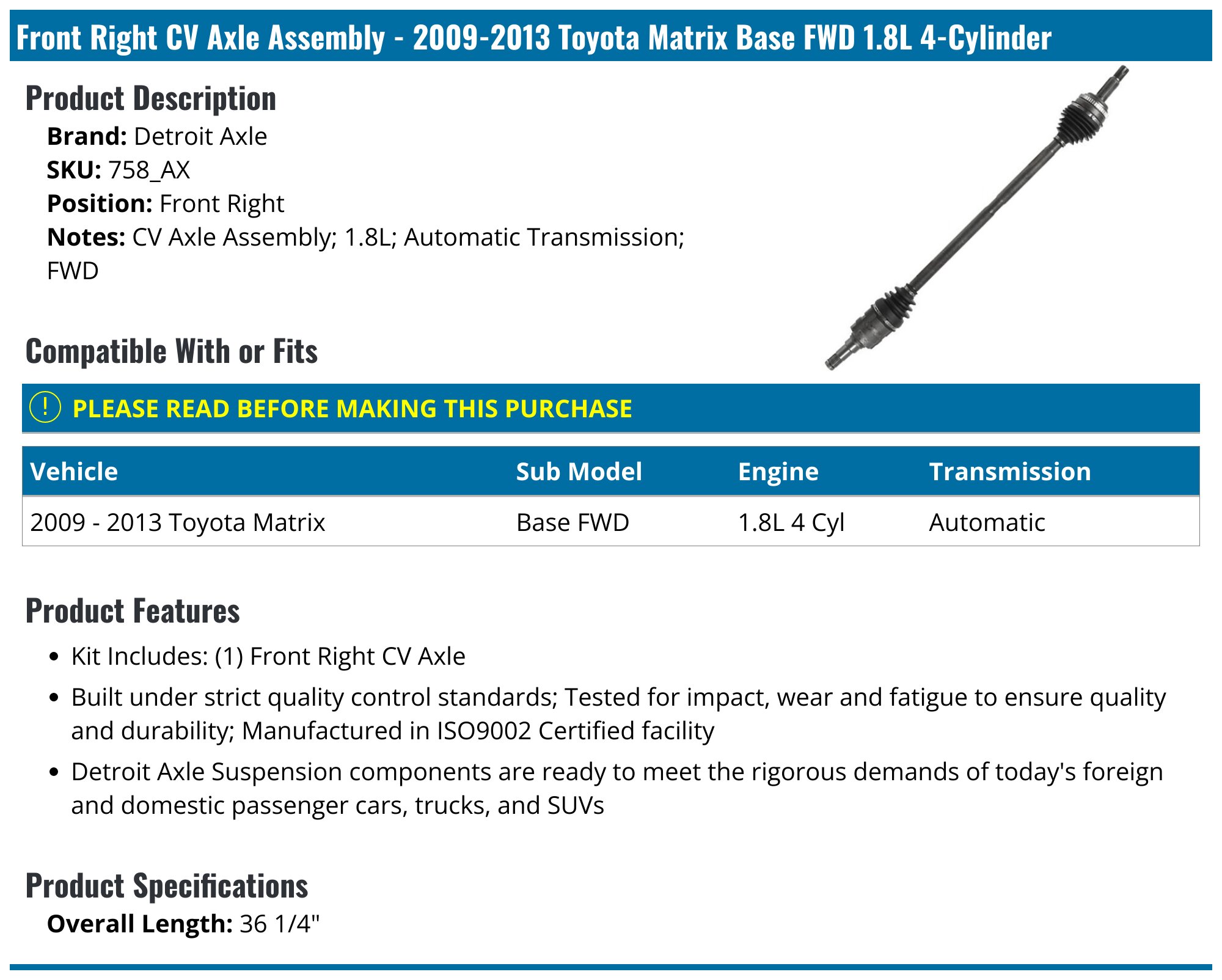 2009-2013 Toyota Matrix Axle Assembly - Detroit Axle 758_AX - Front ...