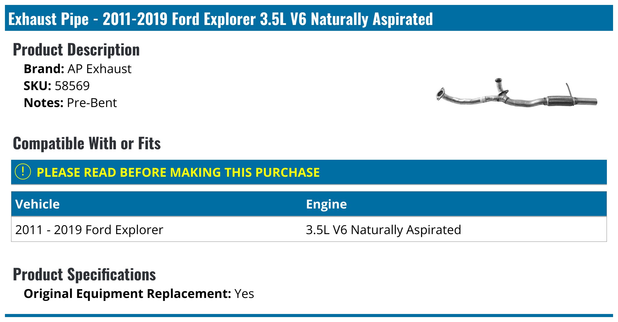 2011-2019 Ford Explorer Exhaust Pipe - AP Exhaust 58569 - PartsGeek.com