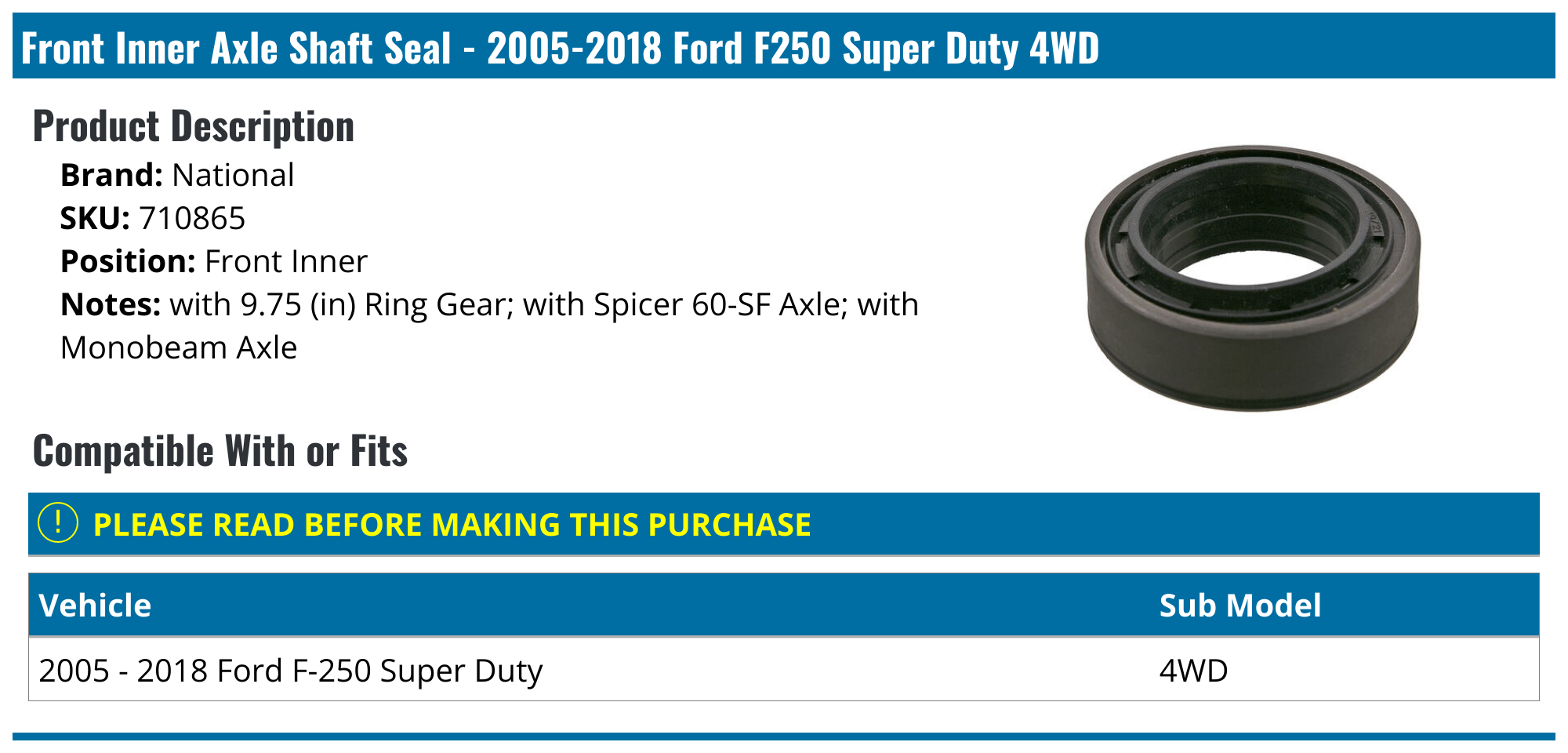 2005-2018 Ford F250 Super Duty Axle Shaft Seal - National 710865 ...