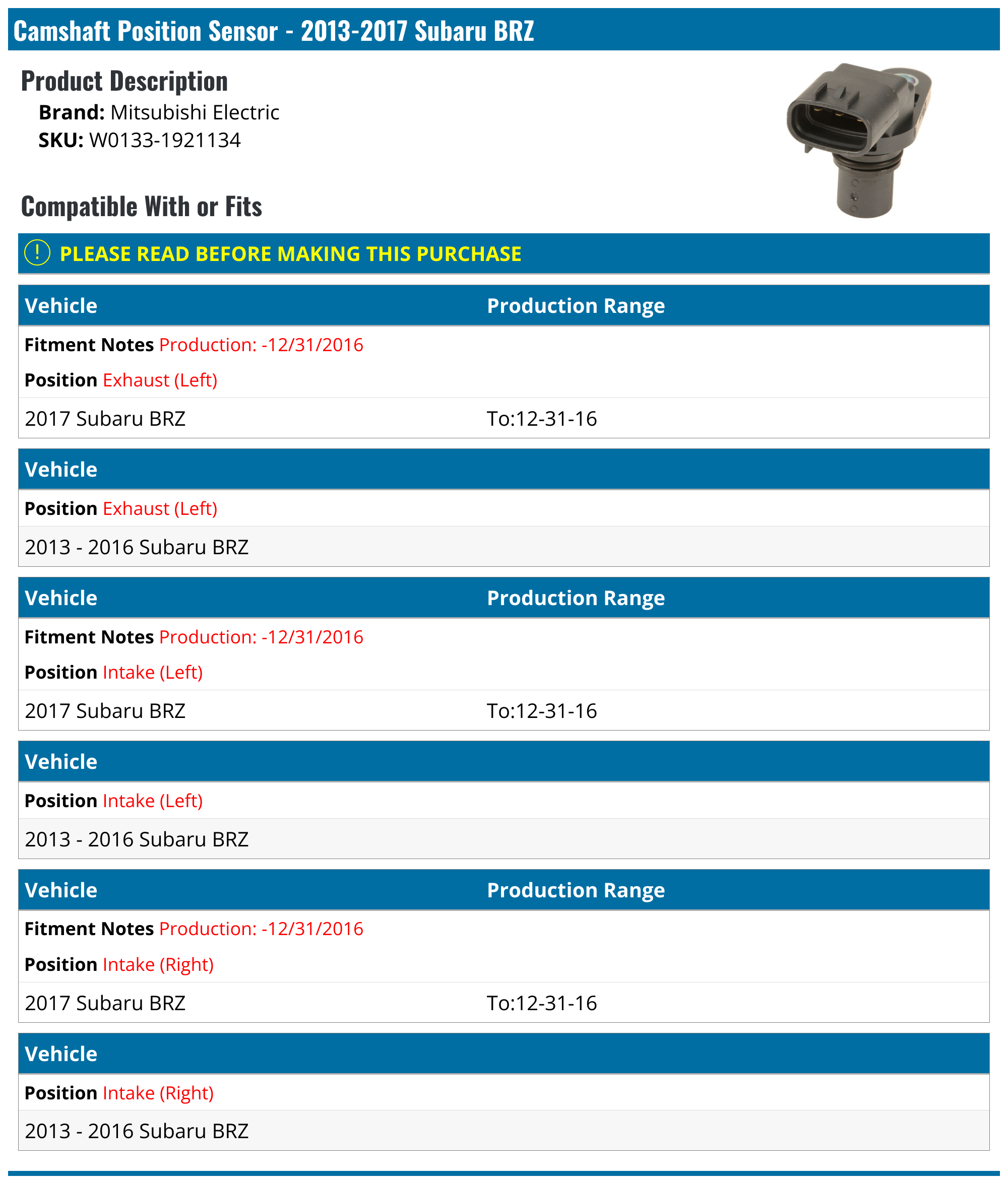 2013-2017 Subaru BRZ Camshaft Position Sensor - Mitsubishi Electric ...
