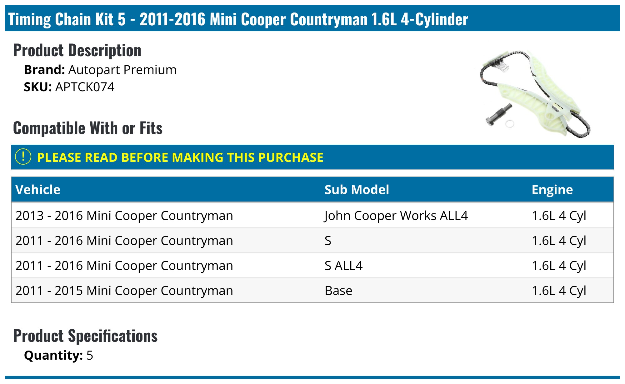 2011-2016 Mini Cooper Countryman Timing Chain - Autopart Premium ...
